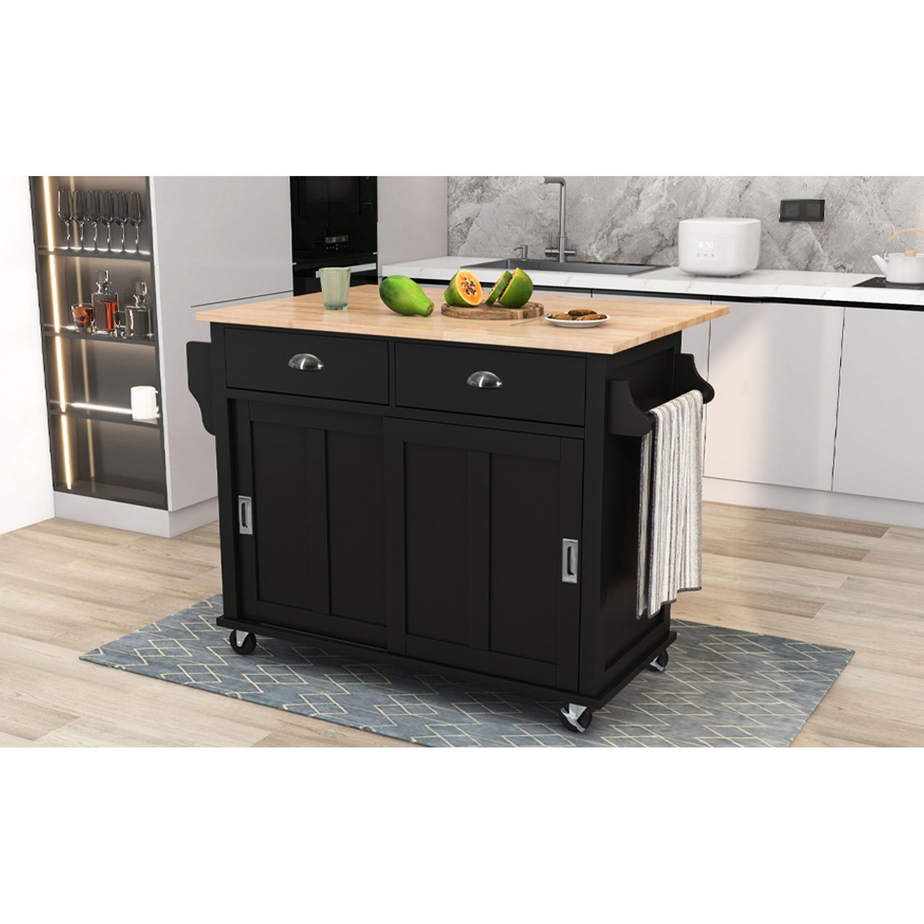 Black Kitchen Cart with Drop - Leaf and Storage | Meal and Dining Use ...