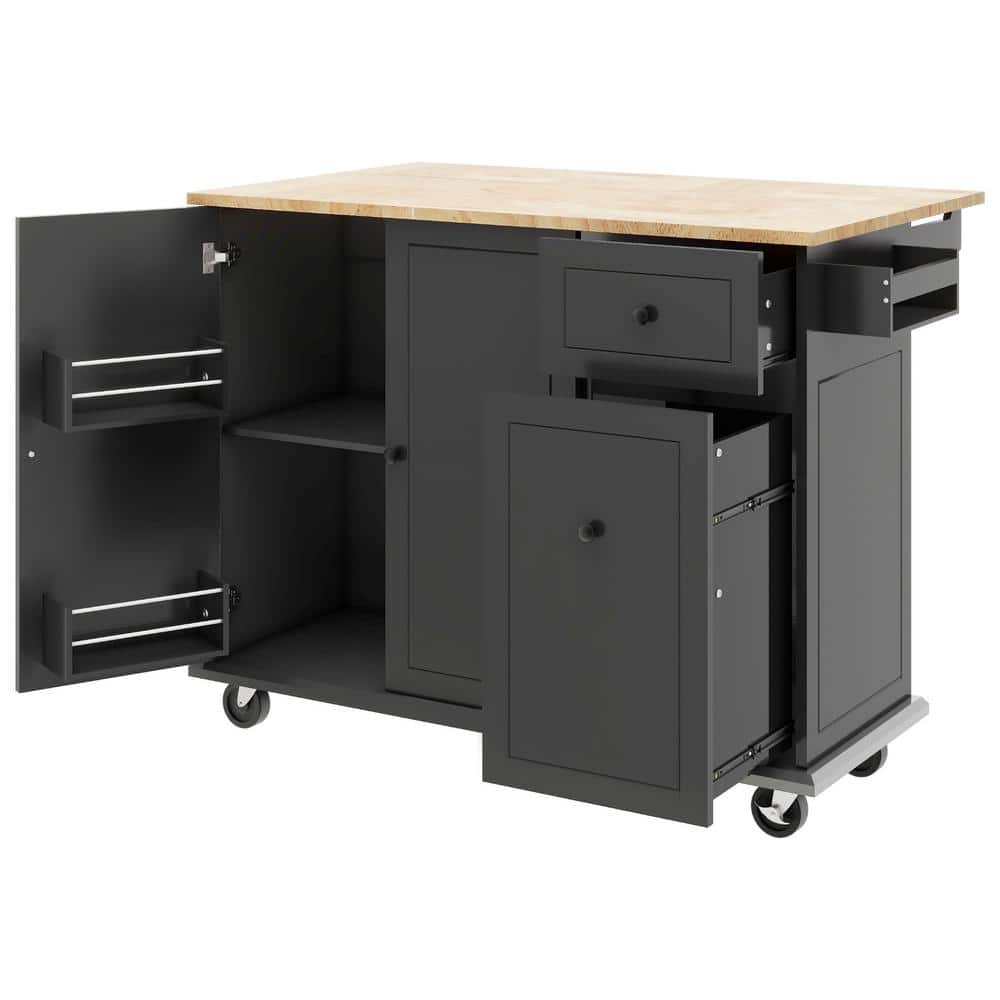 Black Kitchen Cart with Drop-Leaf, Cabinet Door Internal Storage Racks ...