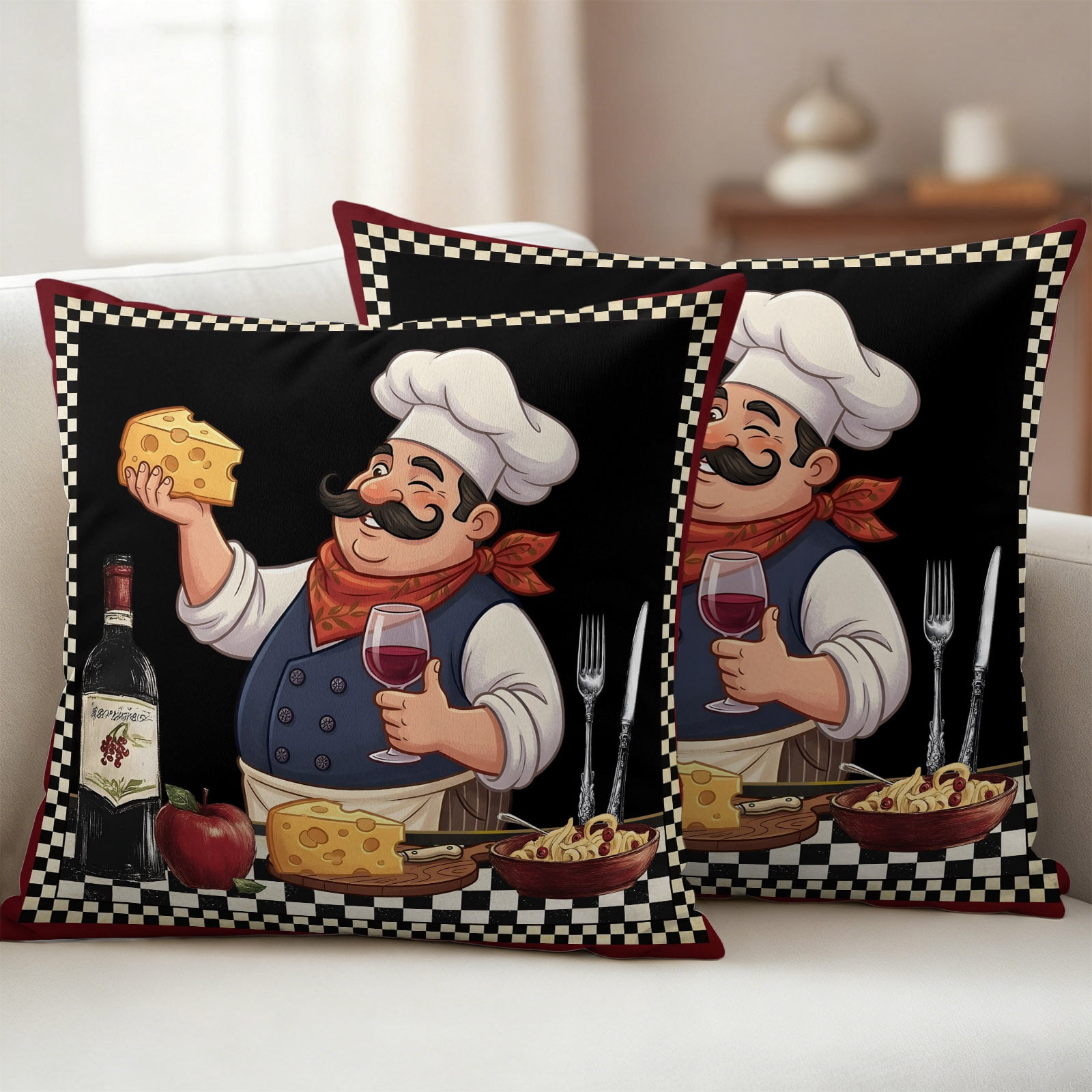 Black Kitchen Chef Outdoor Waterproof Throw Pillow Covers 24x24 Set of ...