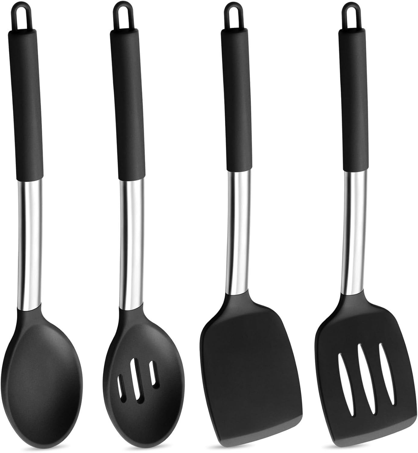 Black Kitchen Cooking Utensils 4 Piece Set, Silicone Solid Spatula ...