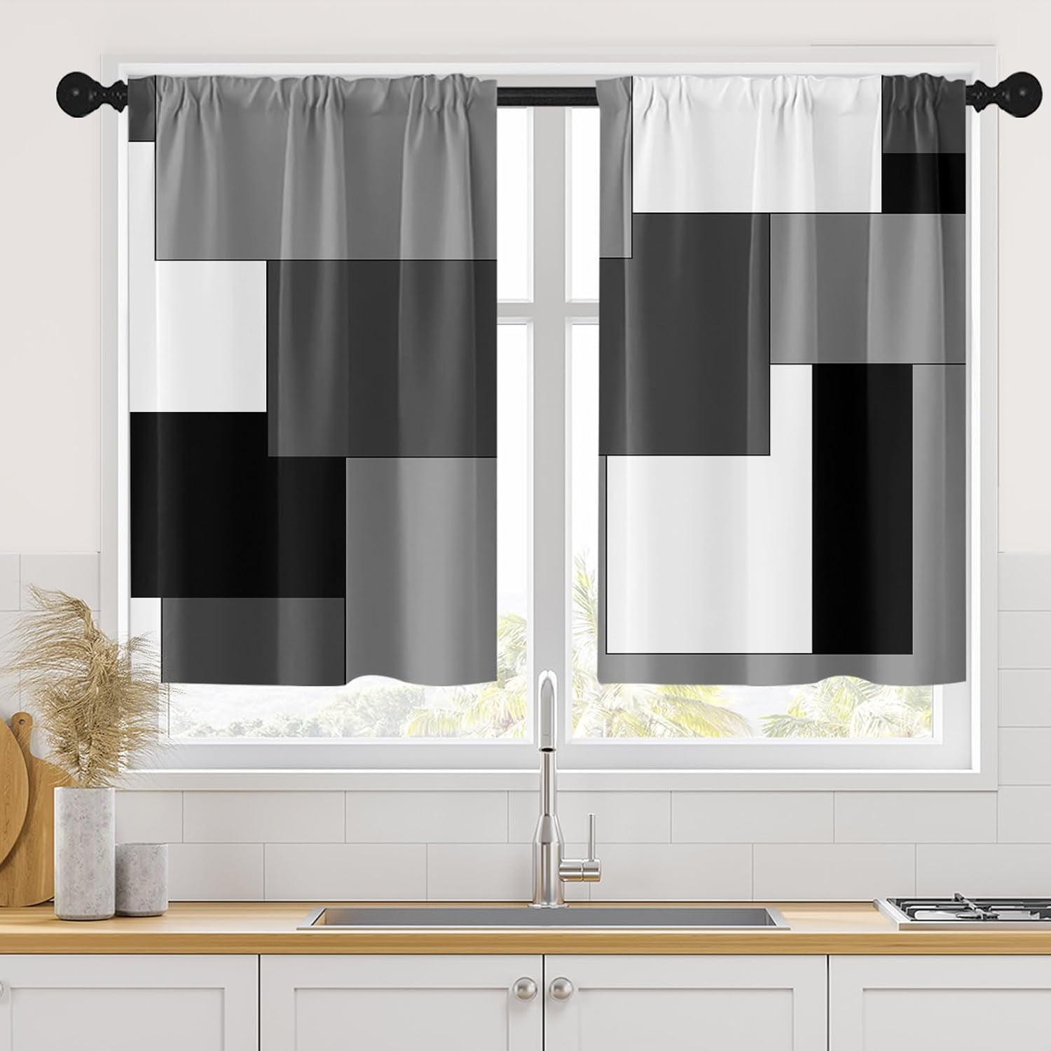 Black Kitchen Curtains 36 Inch Length Dark Grey White Window Short Tier ...
