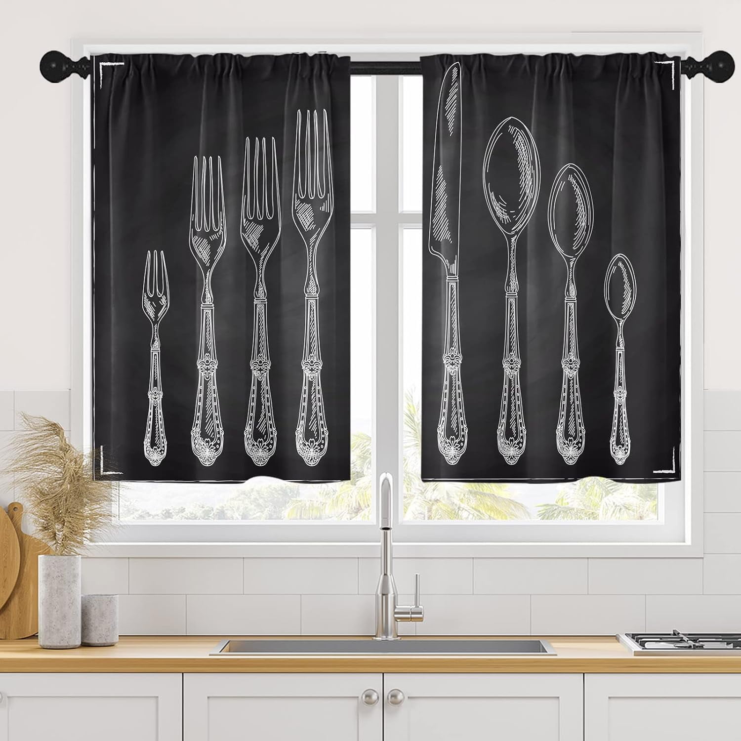 Black Kitchen Curtains 36 Inch Length Knife and Forks Window Curtains ...