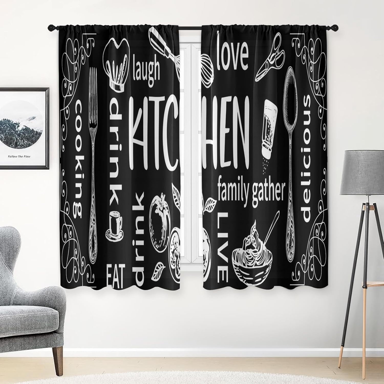 Black Kitchen Curtains 63 Inch Length White Doodle Window Curtains Over ...