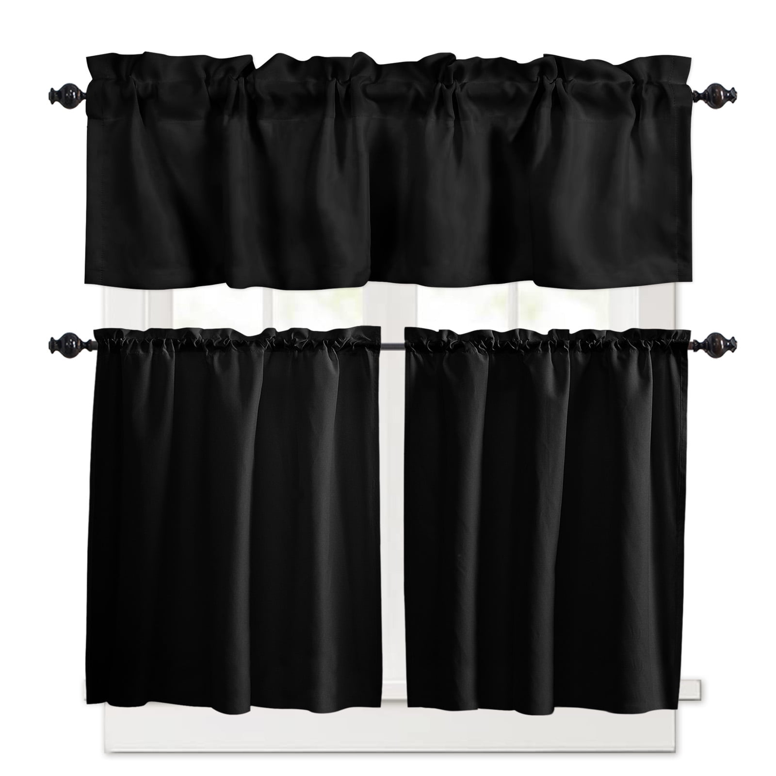 Black Kitchen Curtains Set for Windows 3 Pieces,36 Inch Length Tier and Valance,Nautical Classic ...