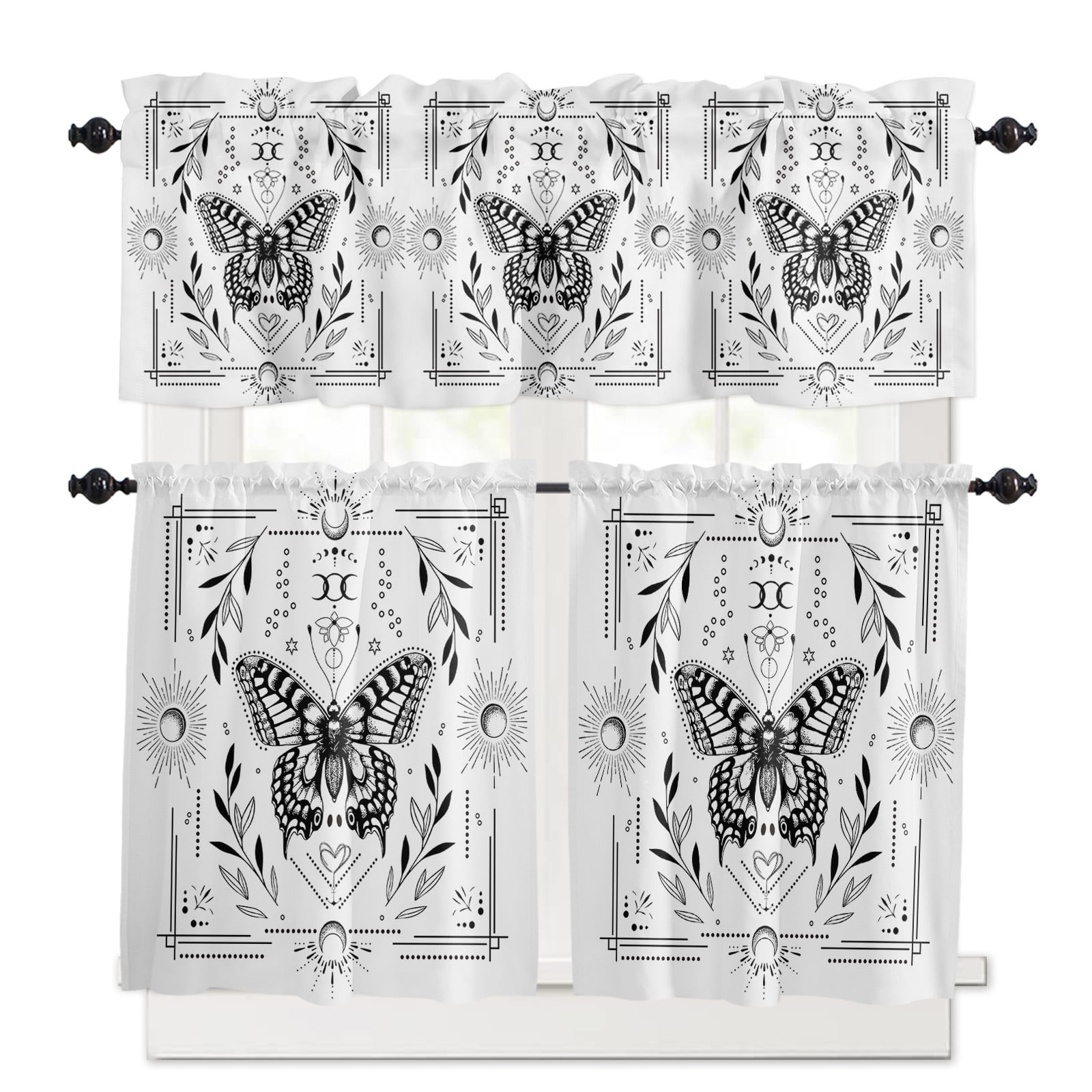 Black and Kitchen Curtains Valance and Tier Set White Frame Butterfly ...
