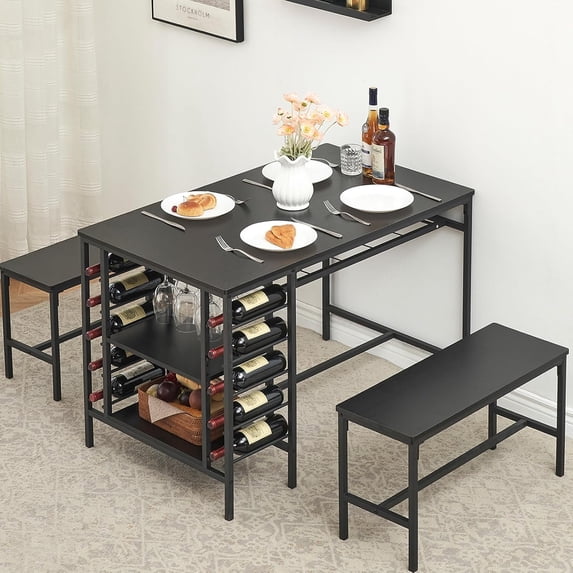 Black Kitchen Dining Table Set for 4, Rectangular Table with Wine Rack ...