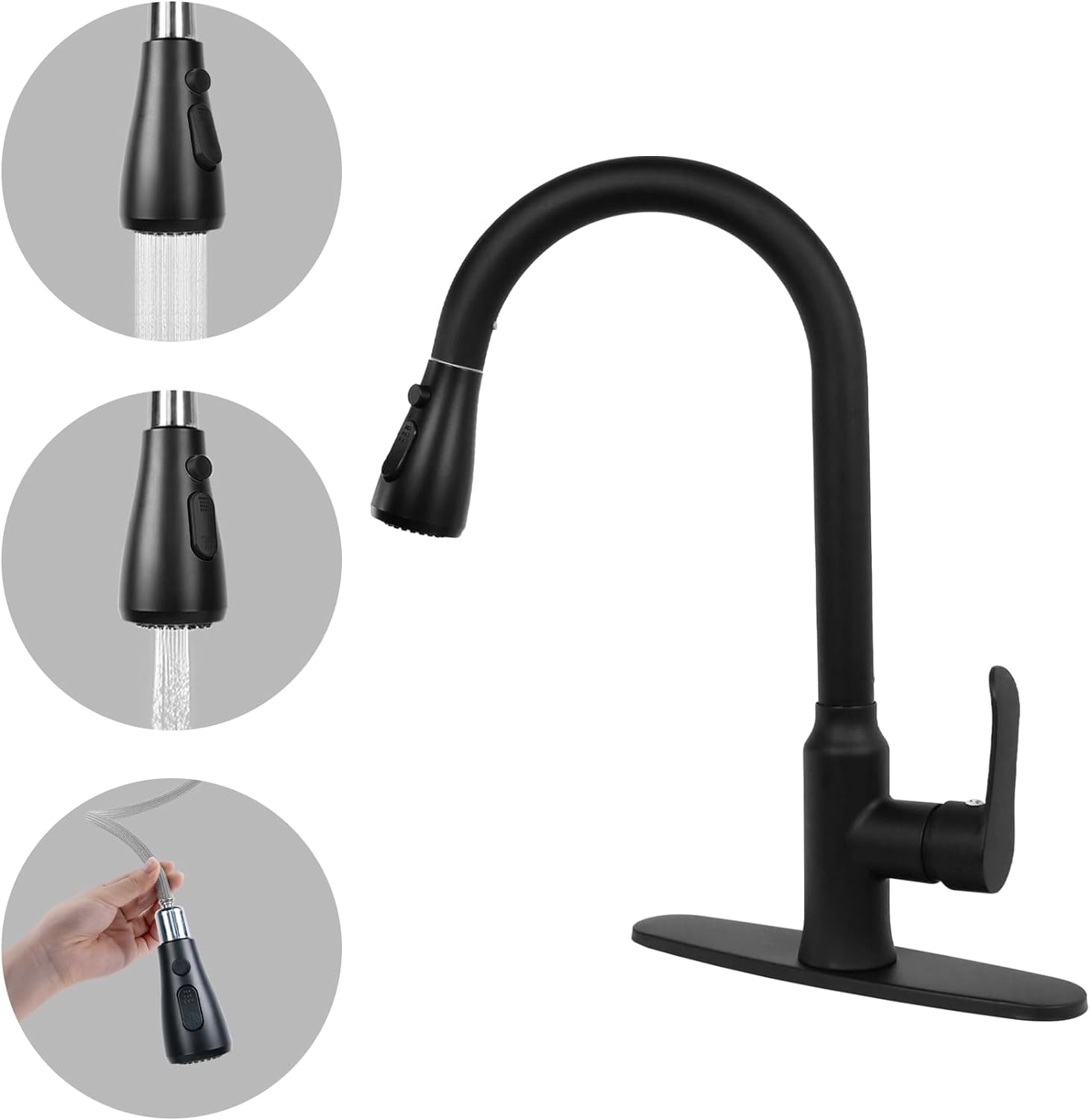 Black Kitchen Faucet with Pull Down Sprayer, Stainless Steel, High Arc ...
