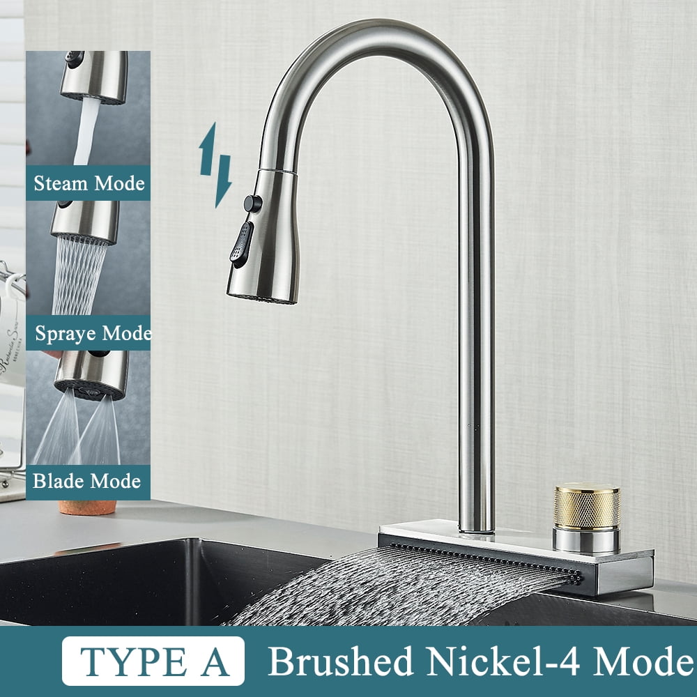 Black Kitchen Faucet With Rainfall Waterfall Wash 4 Function Brass ...