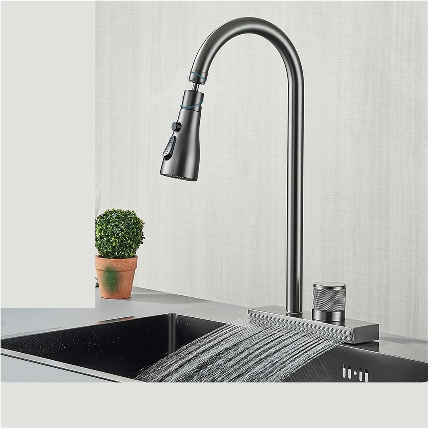 Black Kitchen Faucet with Rainfall Waterfall Wash 4 Function Brass ...