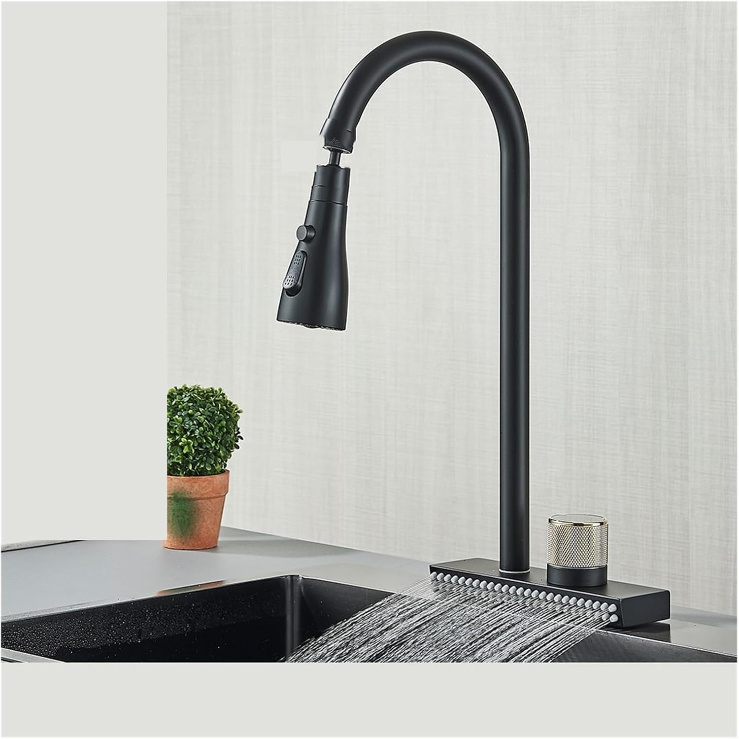 Black Kitchen Faucet with Rainfall Waterfall Wash 4 Function Brass ...