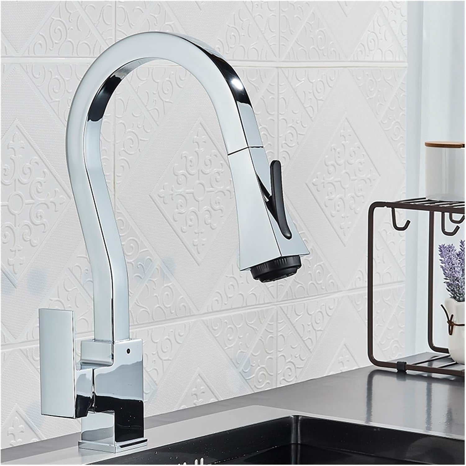 Black Kitchen Faucets Square Pull Out Kitchen Sink Hot Cold Water Mixer ...