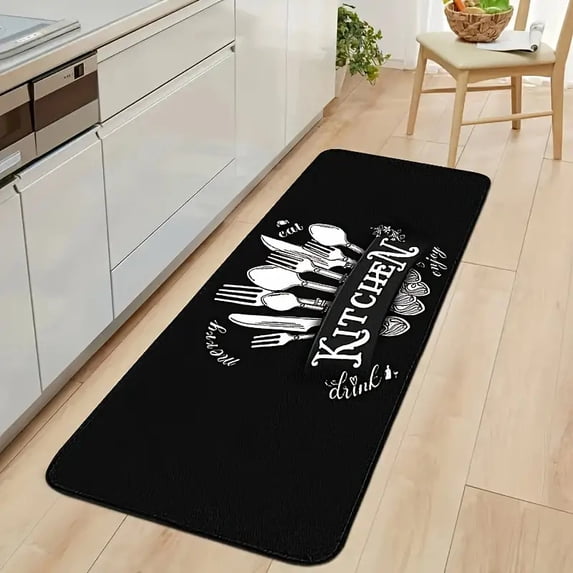 Black Kitchen Floor Mat with Cookware Pattern, Anti-Slip Soft Carpet ...