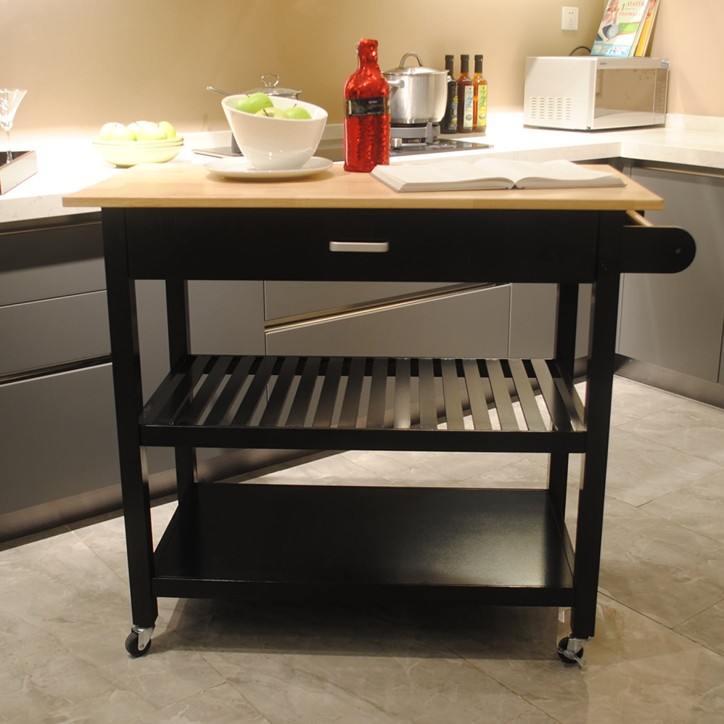 Black Kitchen Island Cart for Elegant Storage, Rubber Wood Top, Mobile ...