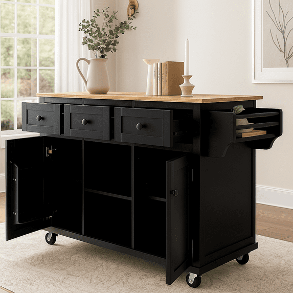 Black Kitchen Island Cart with Foldable Rubberwood Countertop, Built-In ...