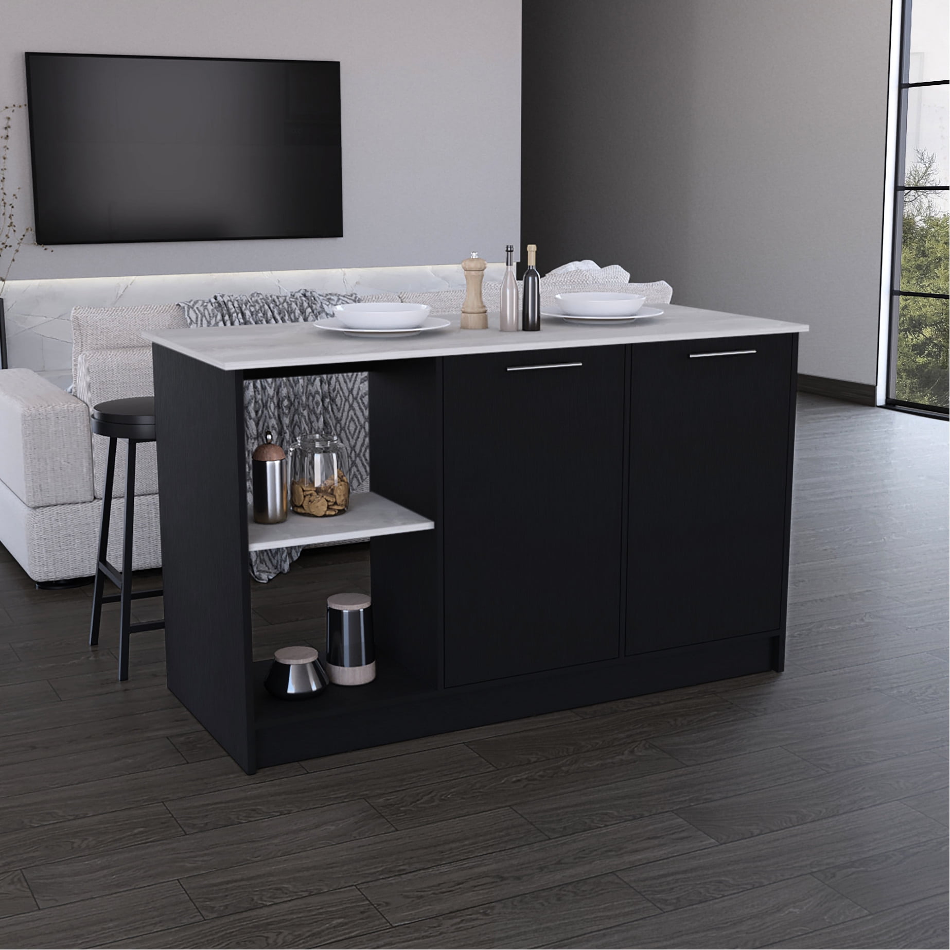 Black Kitchen Island With Generous Workspace Countertop, Open Storage ...