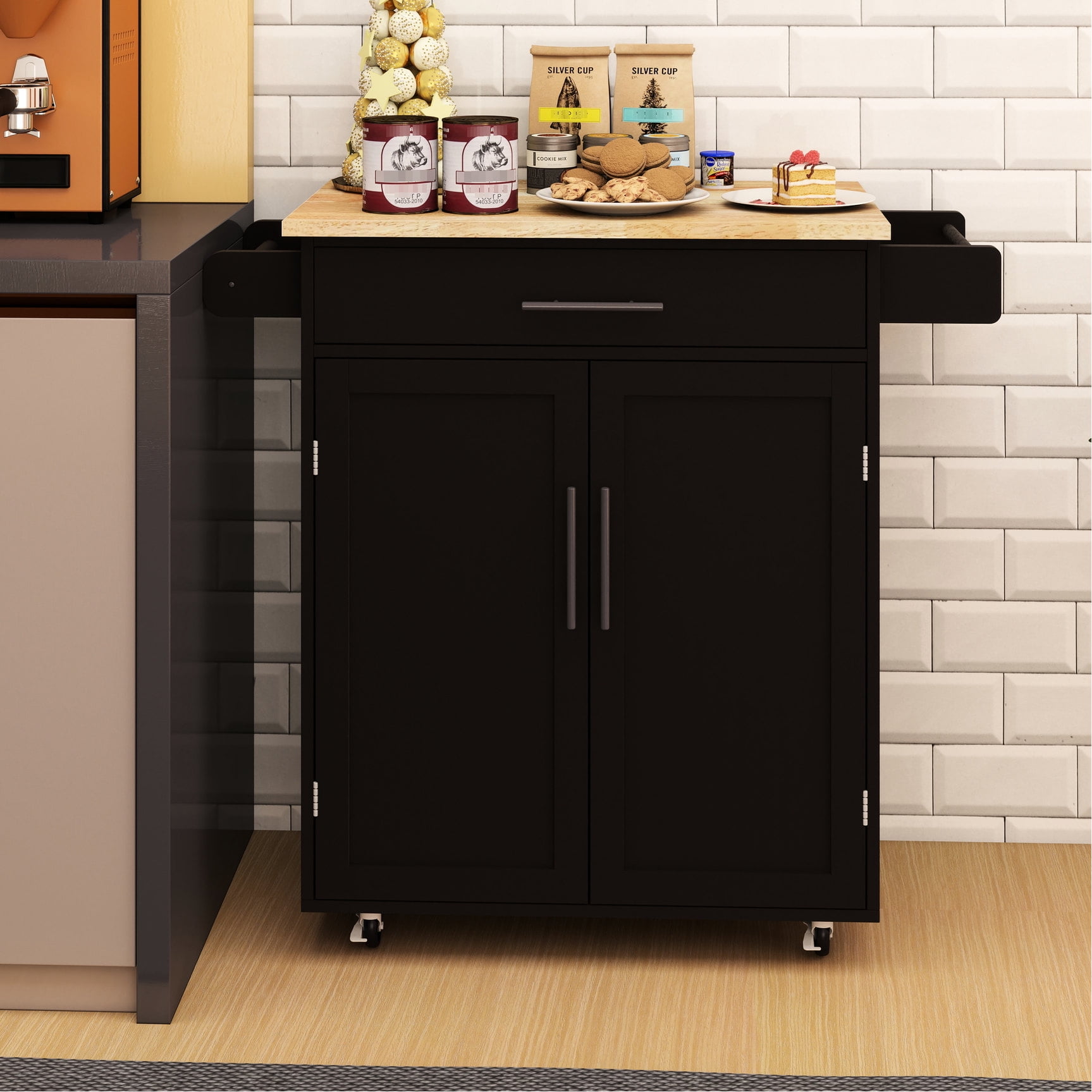 Black Kitchen Island - Lockable Casters for Stable Positioning ...