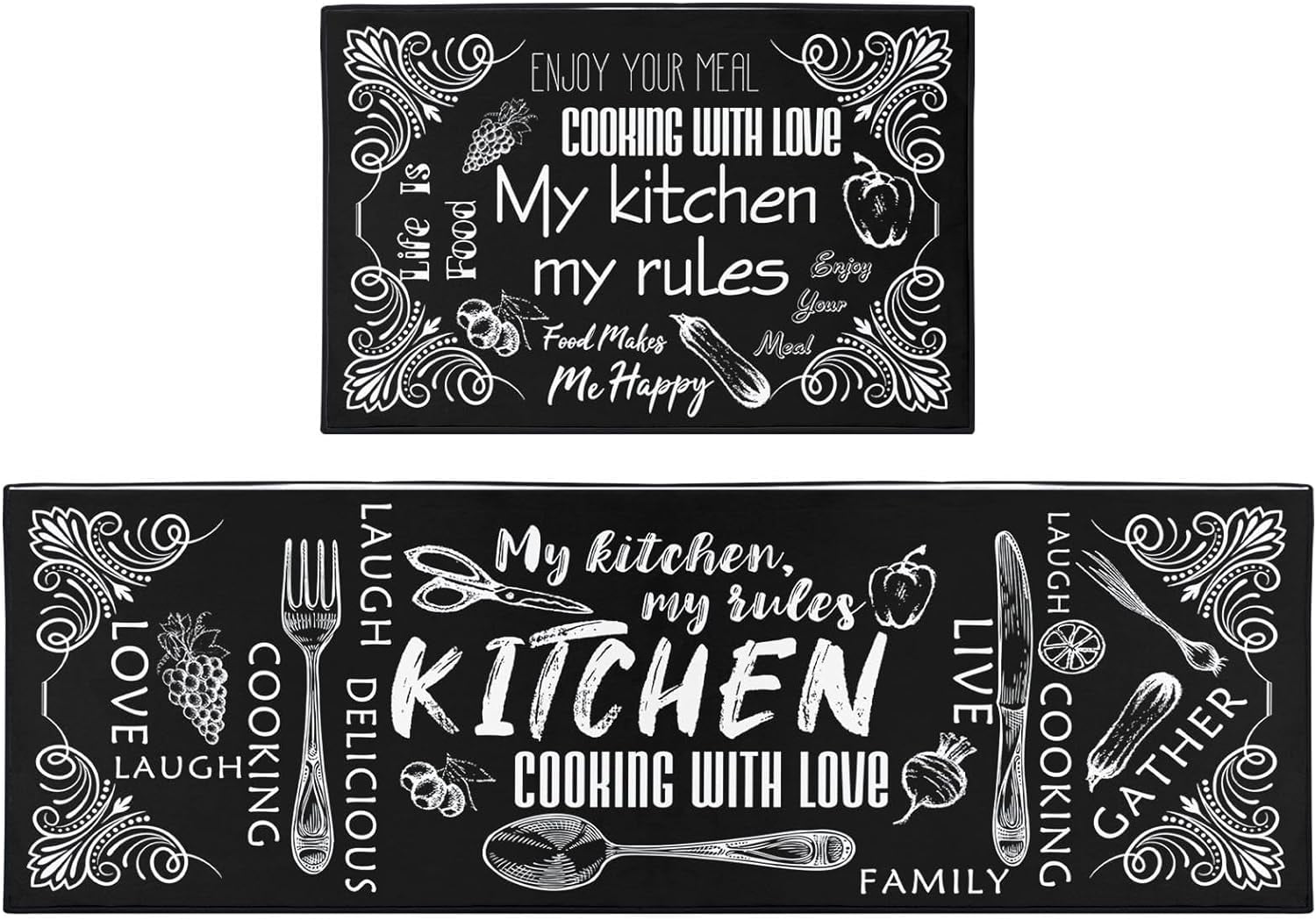 Black Kitchen Mat Kitchen Cooking Theme Kitchen Rugs Sets of 2, Non ...