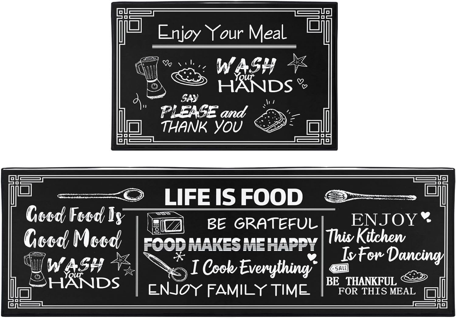 Black Kitchen Mat Kitchen Rules Theme Kitchen Rugs Sets of 2, Non-Slip ...