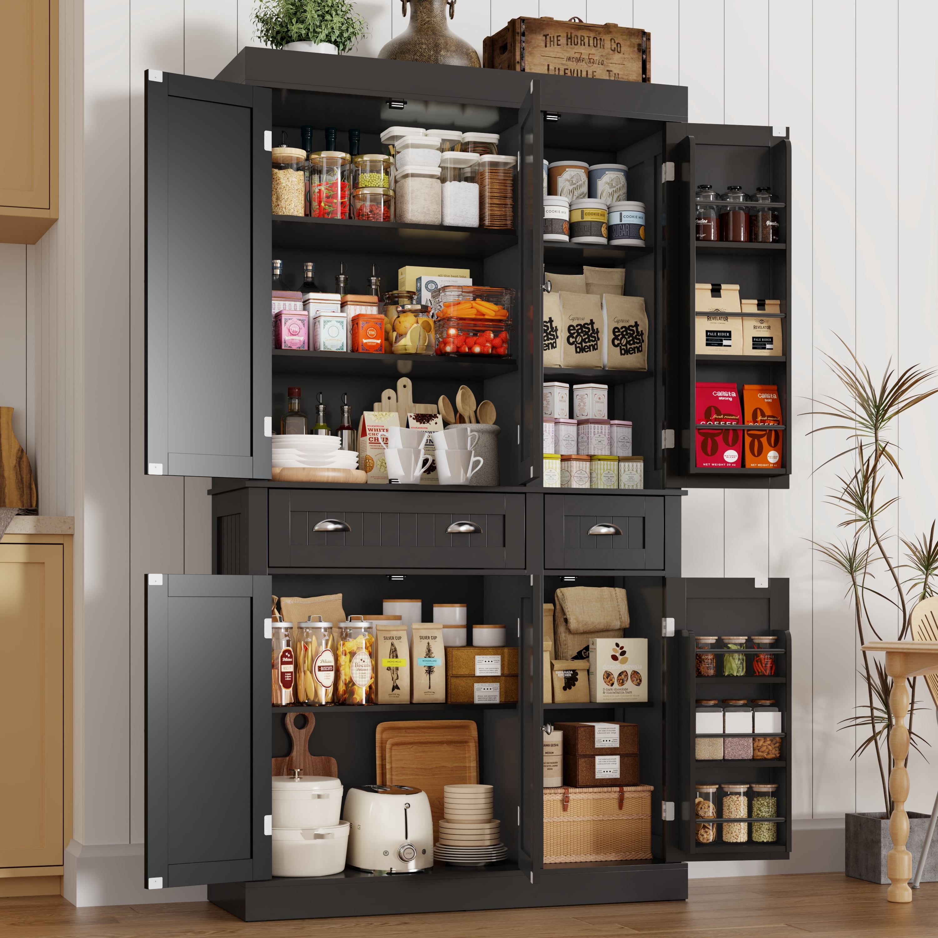 Black Kitchen Pantry with 6 Door, and 2 Drawers, 72" Tall Cabinet with ...