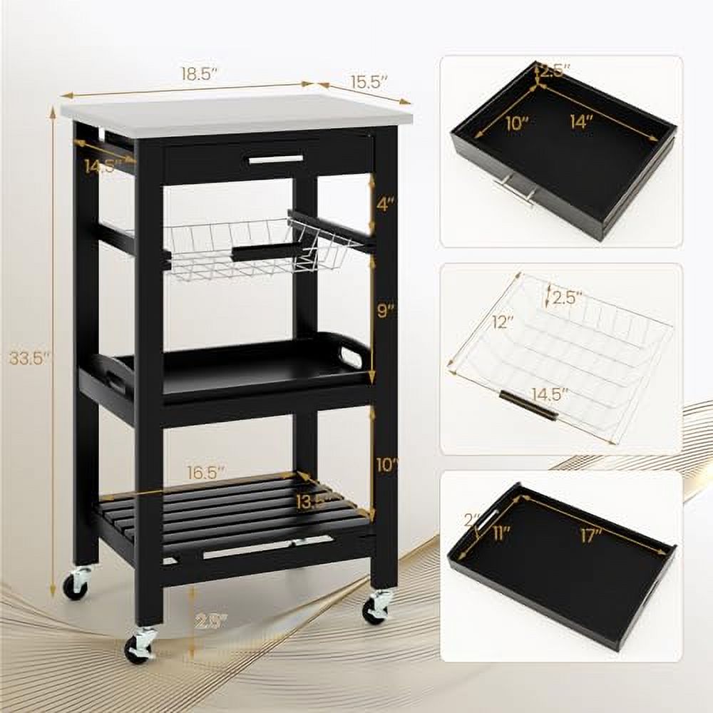 Black Kitchen Rolling Cart with Stainless Steel Table Top, Drawer ...
