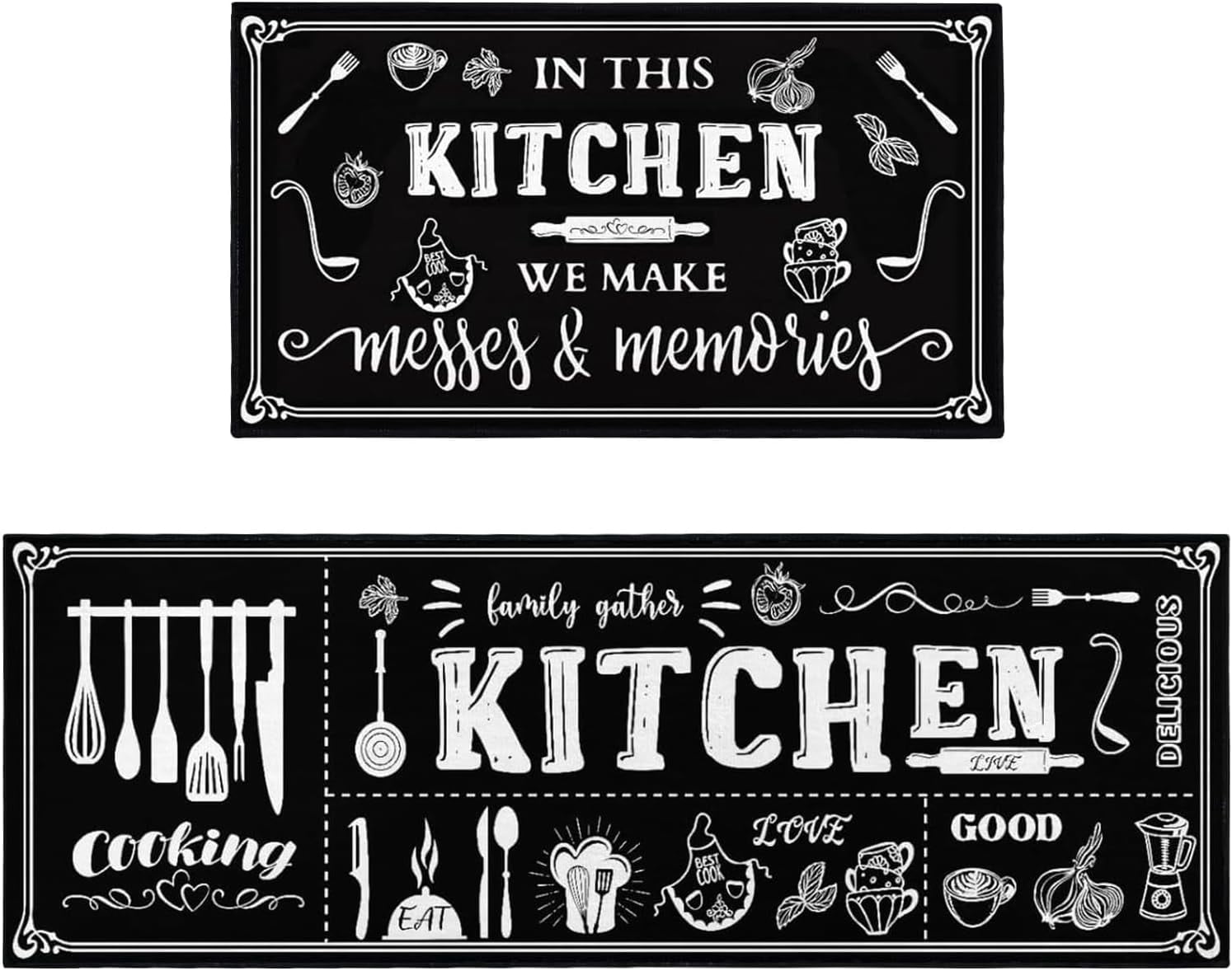 Black Kitchen Rug Mat Set Decor, Black and White Kitchen Rugs Sets of 2 ...