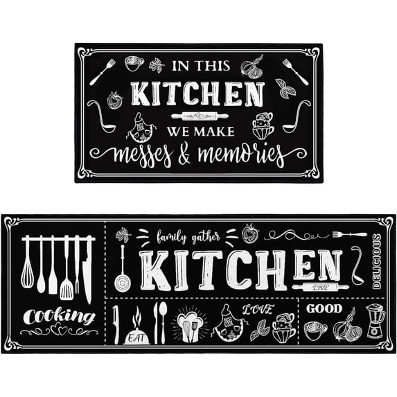 Black Kitchen Rug Mat Set Decor, Black and White Kitchen Rugs Sets of 2 ...