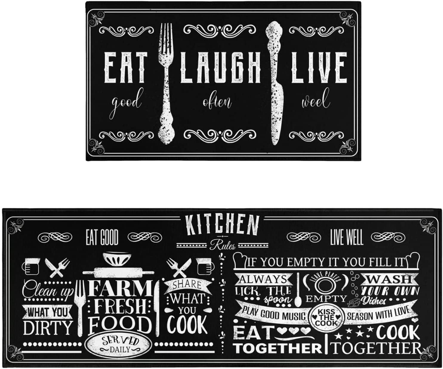 Black Kitchen Rug Mat Set of 2 Black and White Kitchen Rugs Washable ...