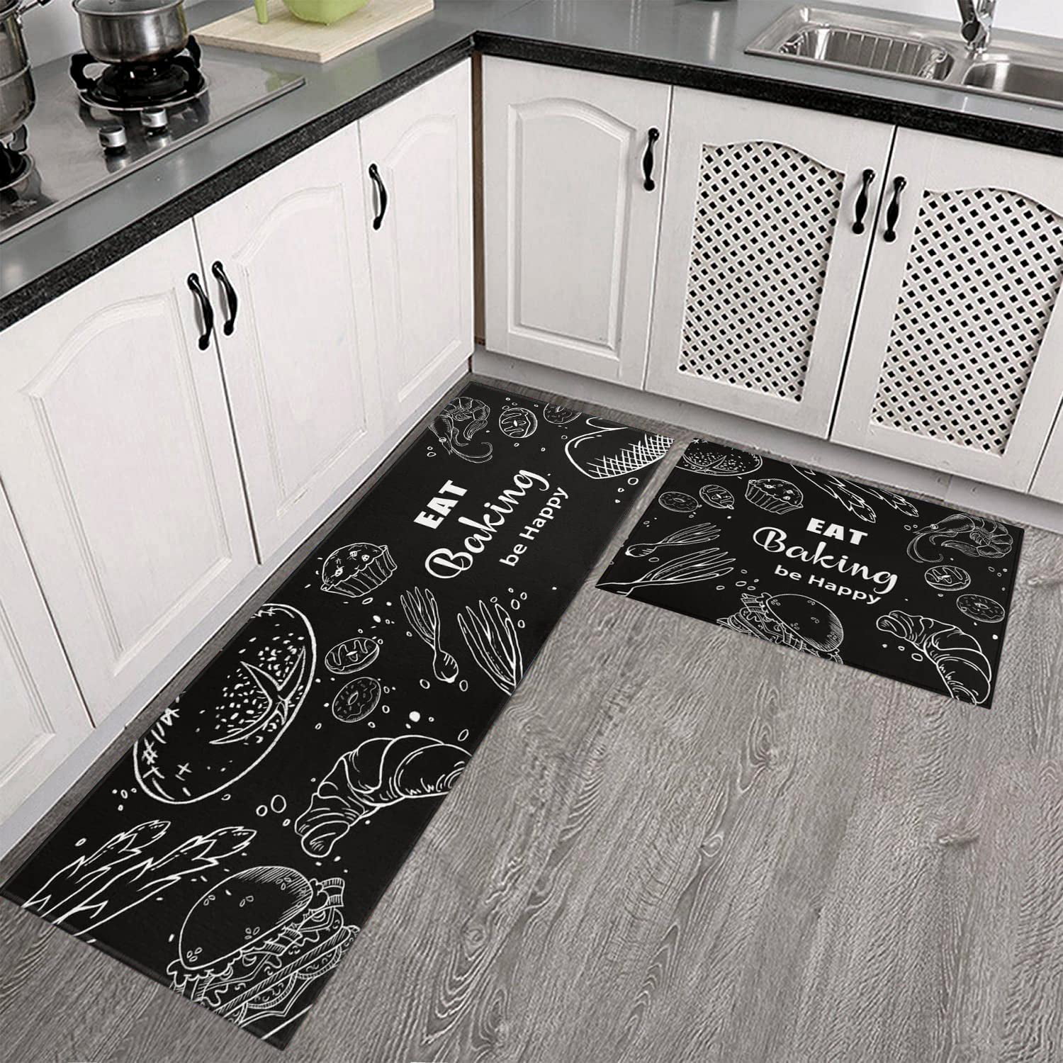 Black Kitchen Rug Set of 2 Non Slip Kitchen Mats for Floor Washable ...