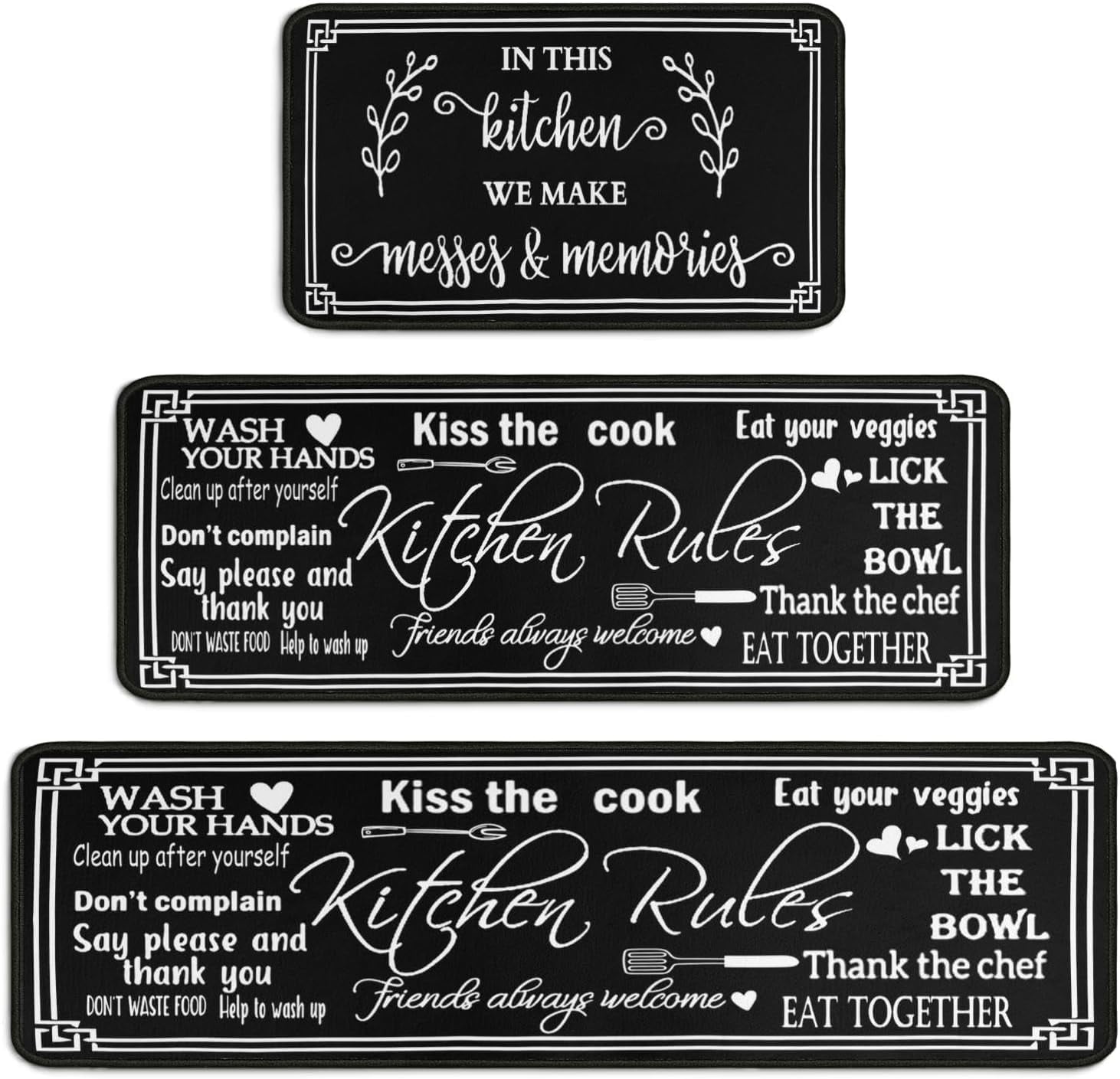 Black Kitchen Rug Sets 3 Piece with Runner Non Slip Kitchen Rugs and ...