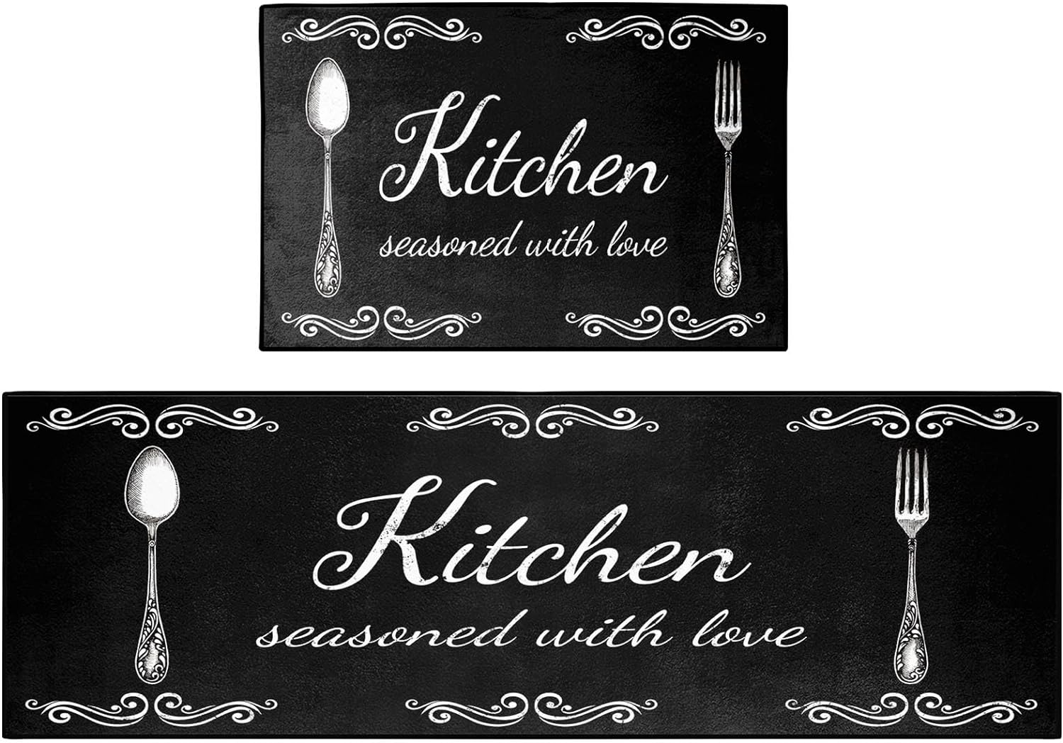 Black Kitchen Rugs and Mats Non Skid Washable Set of 2, Black White ...
