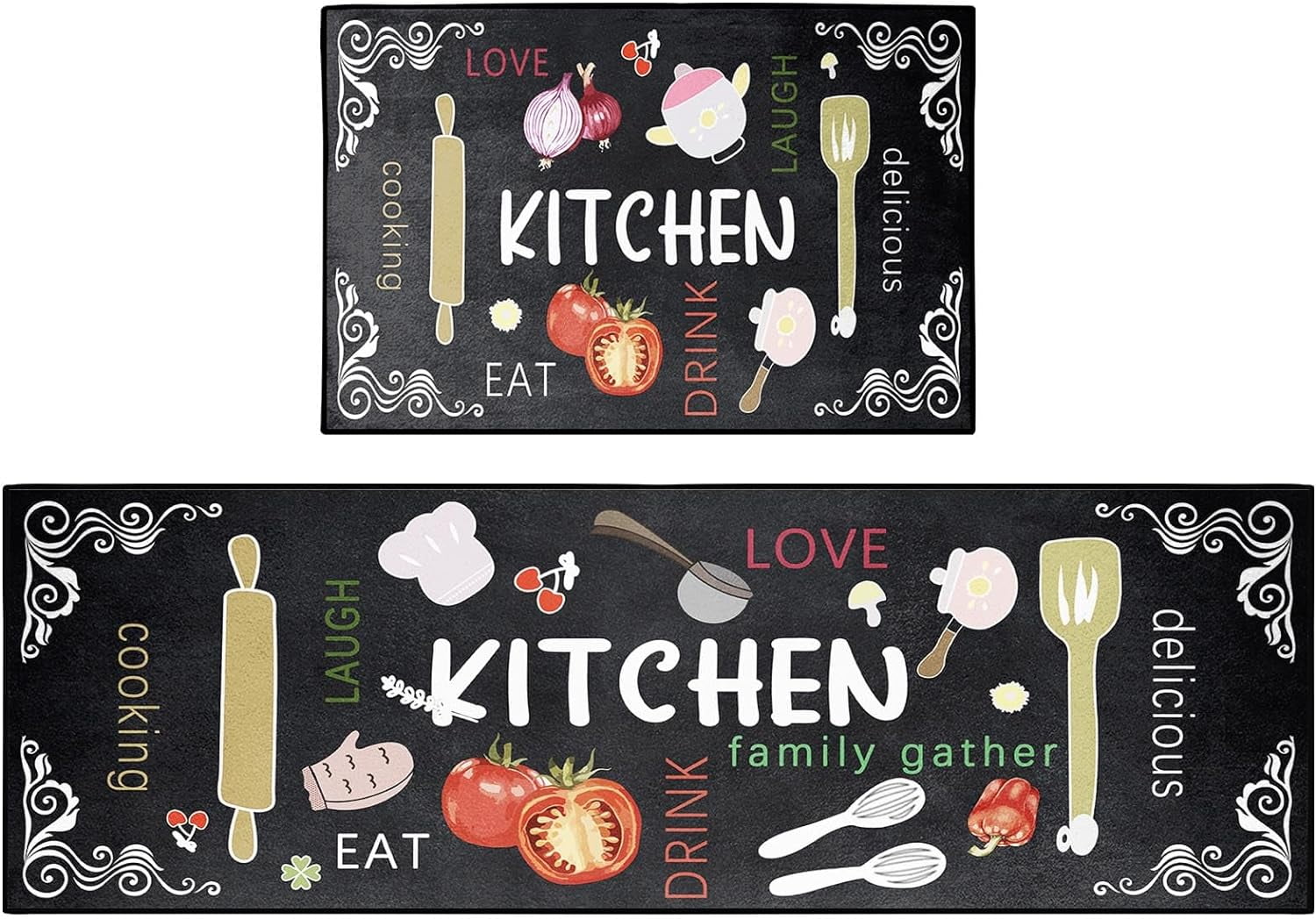 Black Kitchen Rugs and Mats Non Skid Washable Set of 2, Farmhouse ...