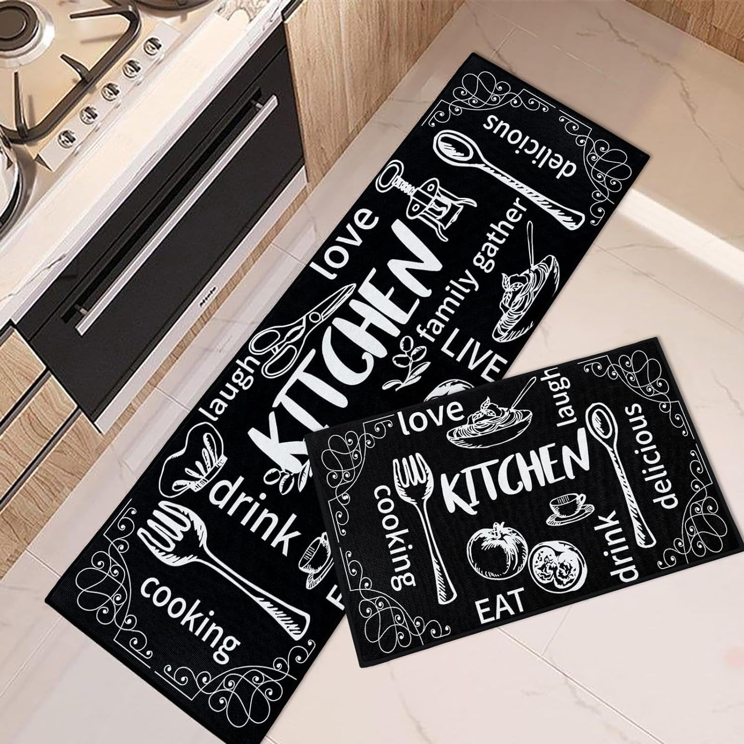 Black Kitchen Rugs and Mats Non Skid Washable Set of 2, Kitchen Doodle ...