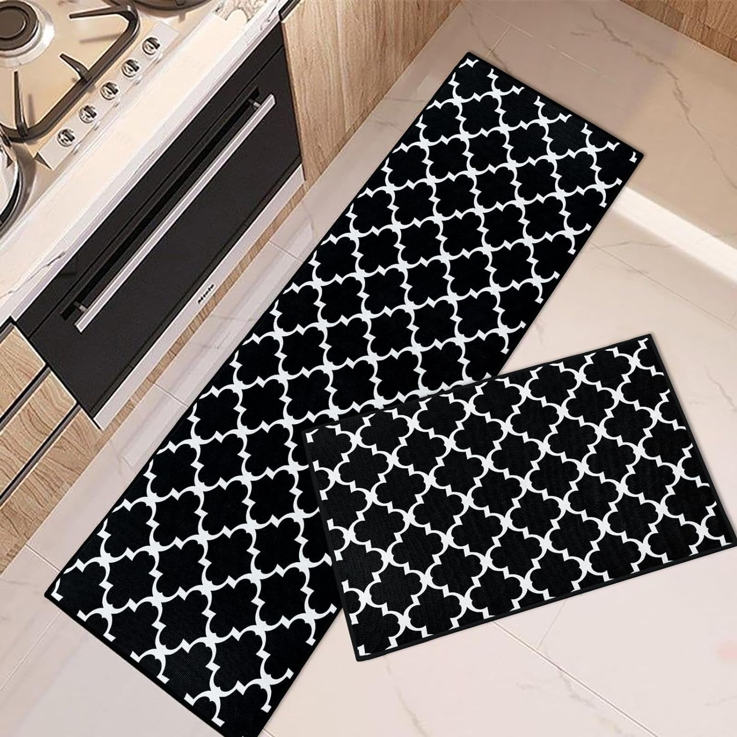 Black Kitchen Rugs and Mats Non Skid Washable Set of 2, Lattice ...
