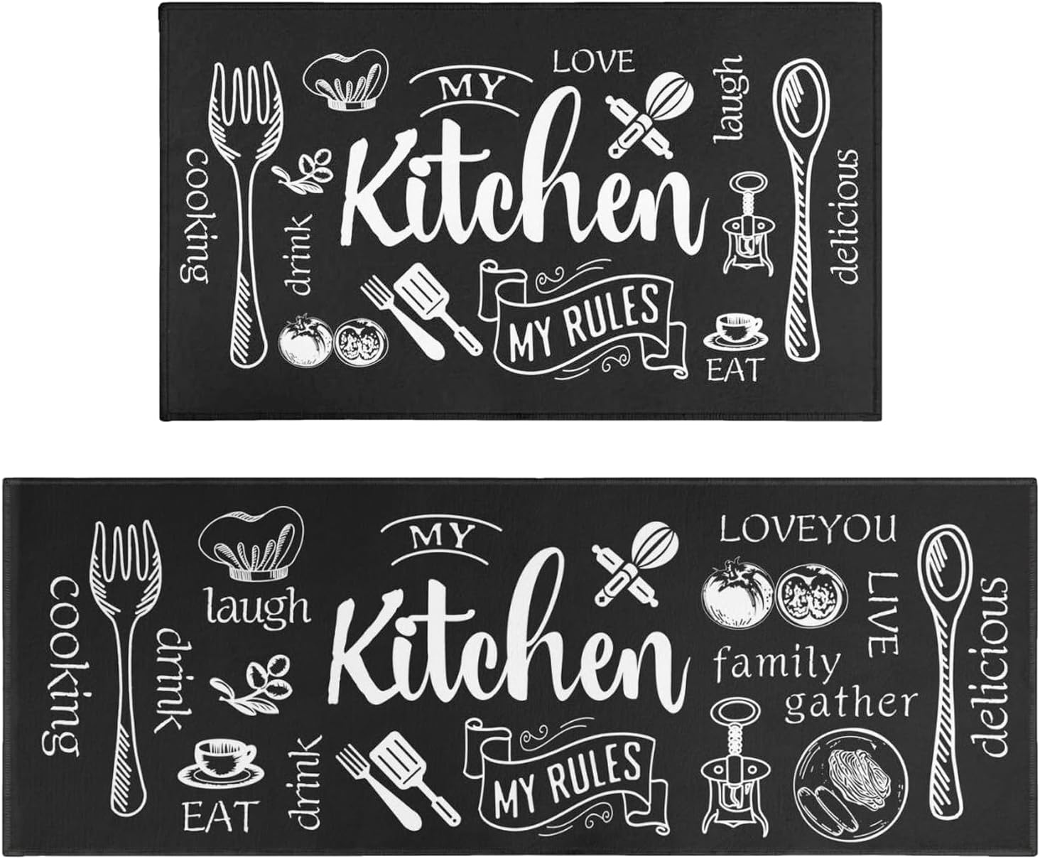 Black Kitchen Rugs and Mats Set of 2, Kitchen Utensil Non-Slip Washable ...
