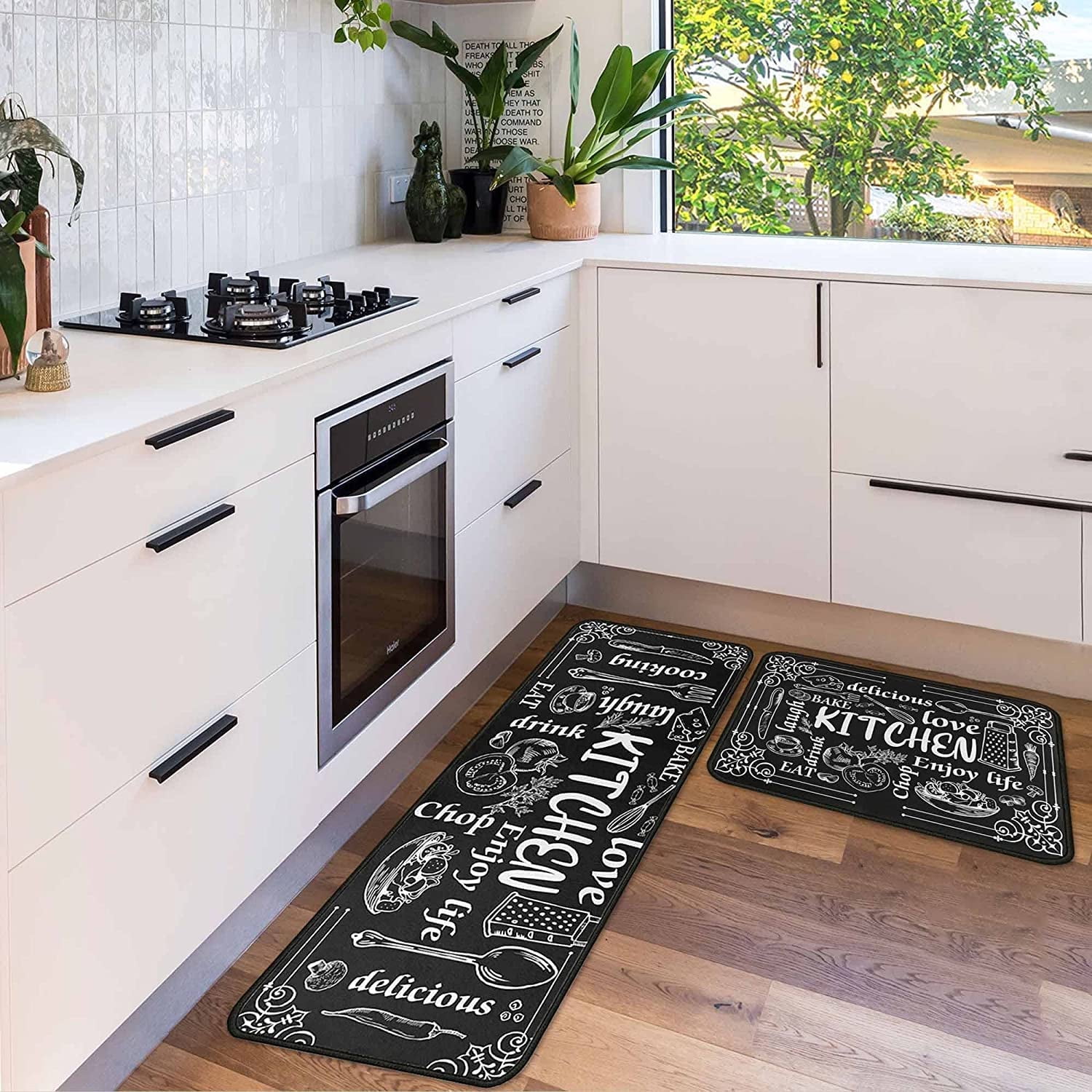 Black Kitchen Rugs and Mats Set of 2 Pieces Non-Skid Washable Non-Slip ...