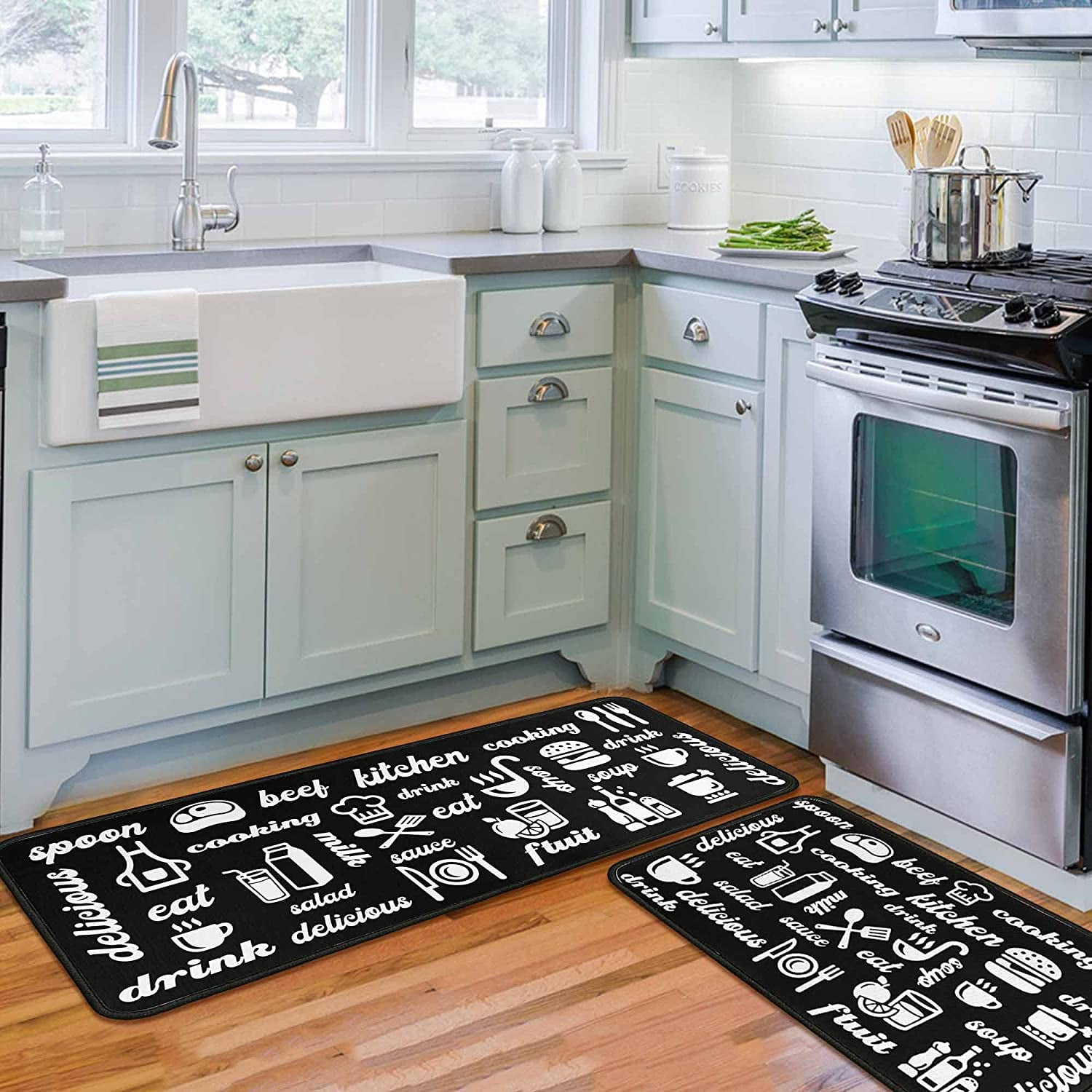 Black Kitchen Rugs Set of 2 - Kitchen Floor Mats Non-Slip Backing ...