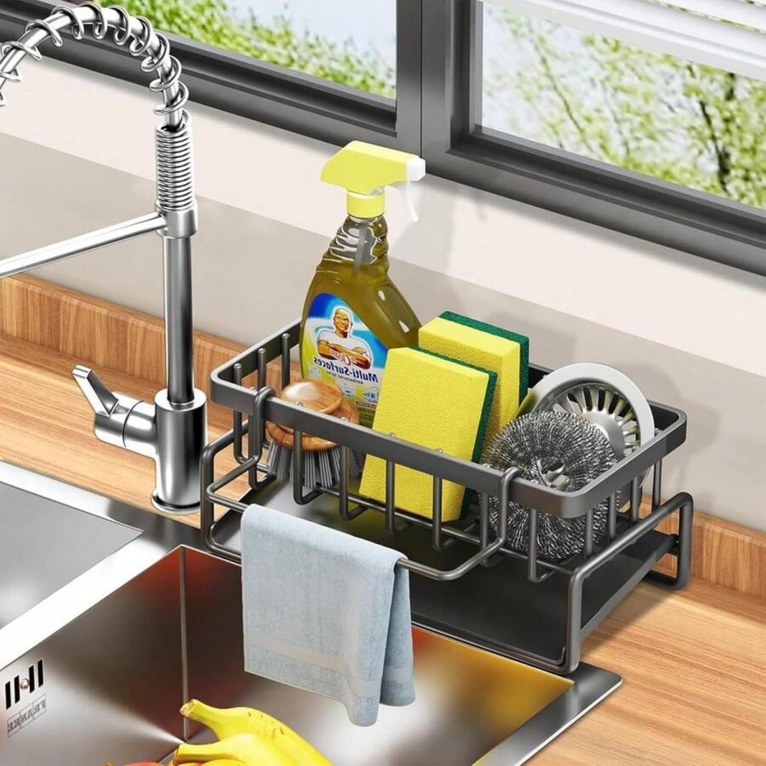 Black Kitchen Sink Sponge Rack With Automatic Drain Tray Kitchen Sink ...