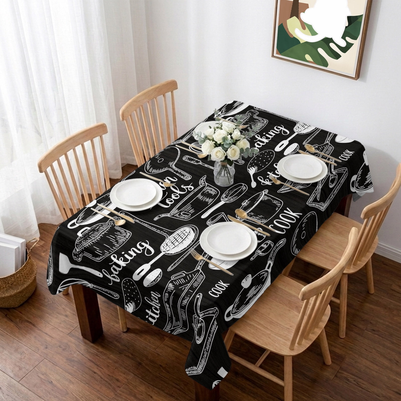 Black Kitchen Tools Table Cloth Waterproof Tablecloths, Modern Cooking ...