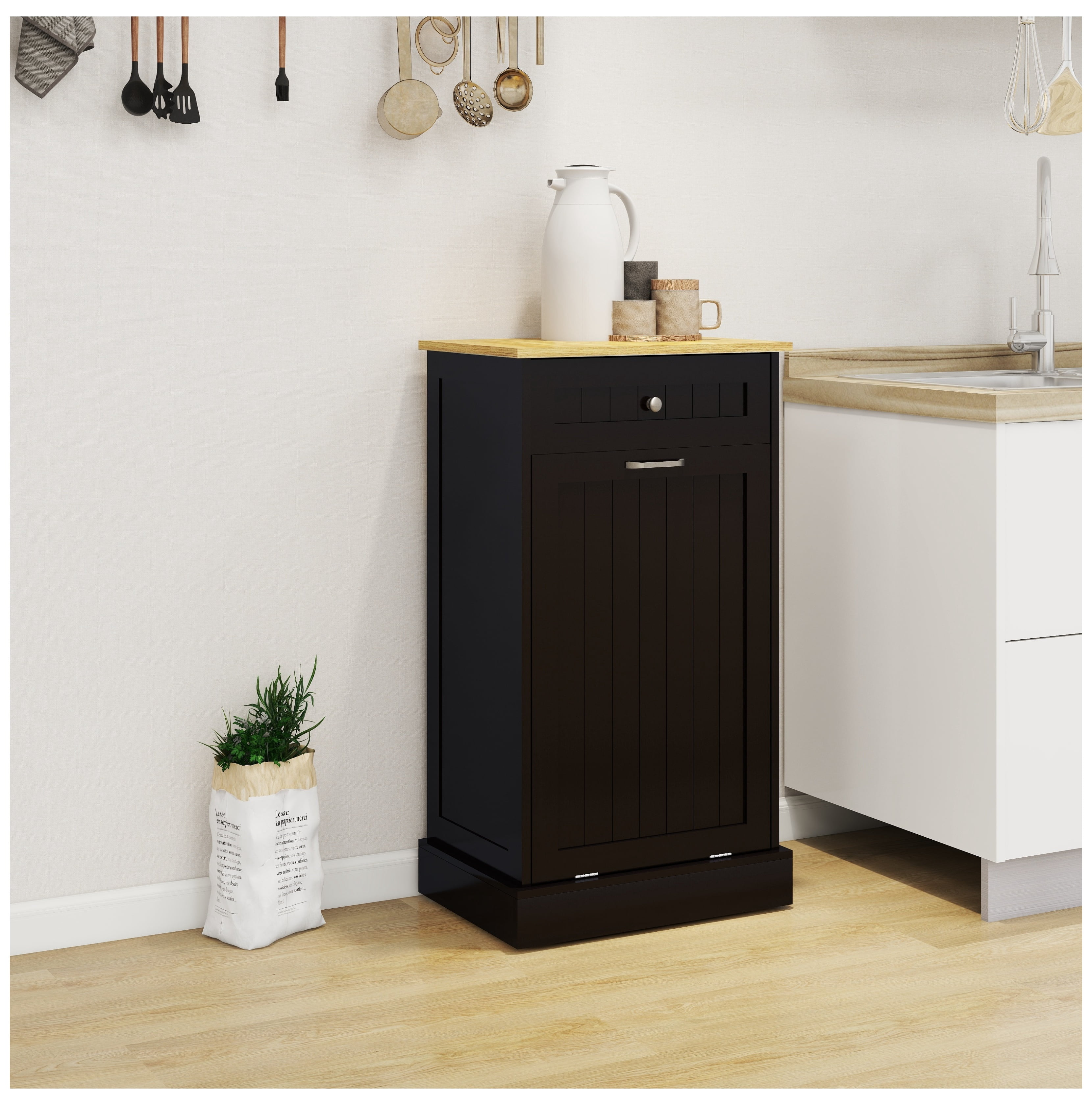 Black Kitchen Trash Cabinet with Drawer - Tilt-Out Trash Can Storage ...