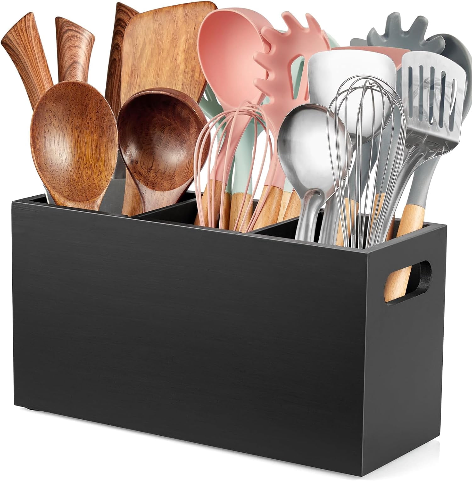 Black Kitchen Utensil Holder for Countertop - Wooden Large Utensil ...