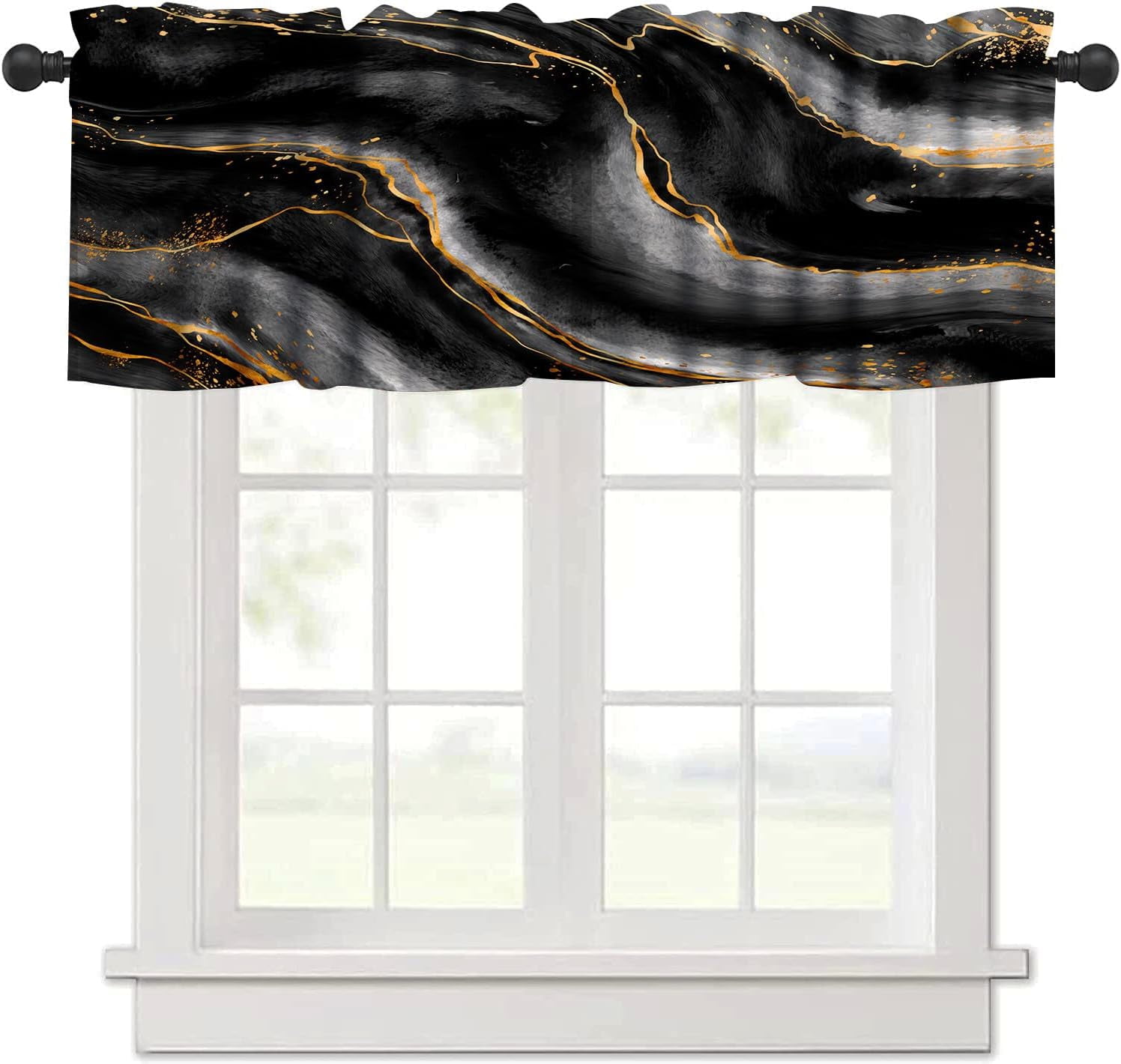 Black Kitchen Valance, Marble Gold Black Ombre Abstract Small Window ...
