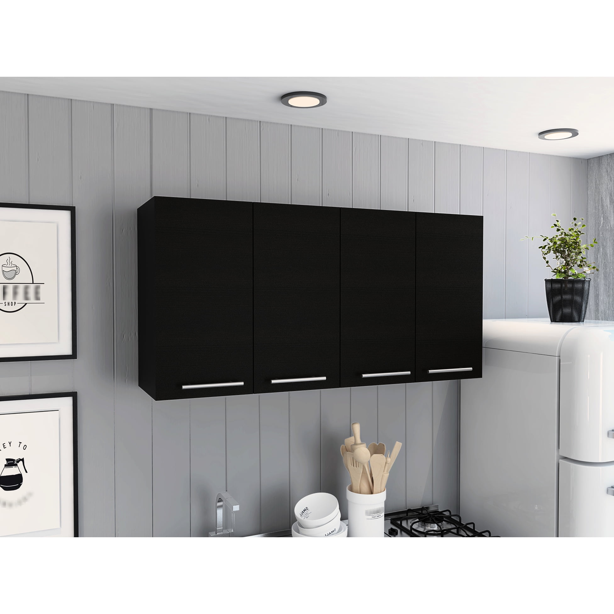 Black Kitchen Wall Cabinet, Four Doors - Two Cabinets And Shelves For ...