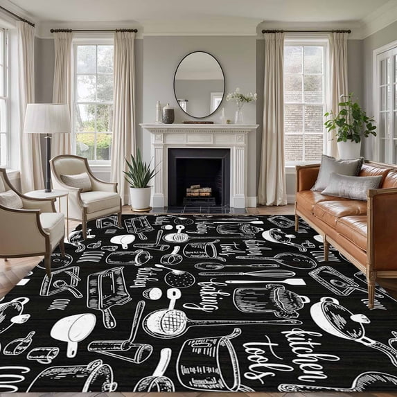 Black Kitchenware Area Rug 5x7 Washable Rug Non Slip Modern Funny Cook ...