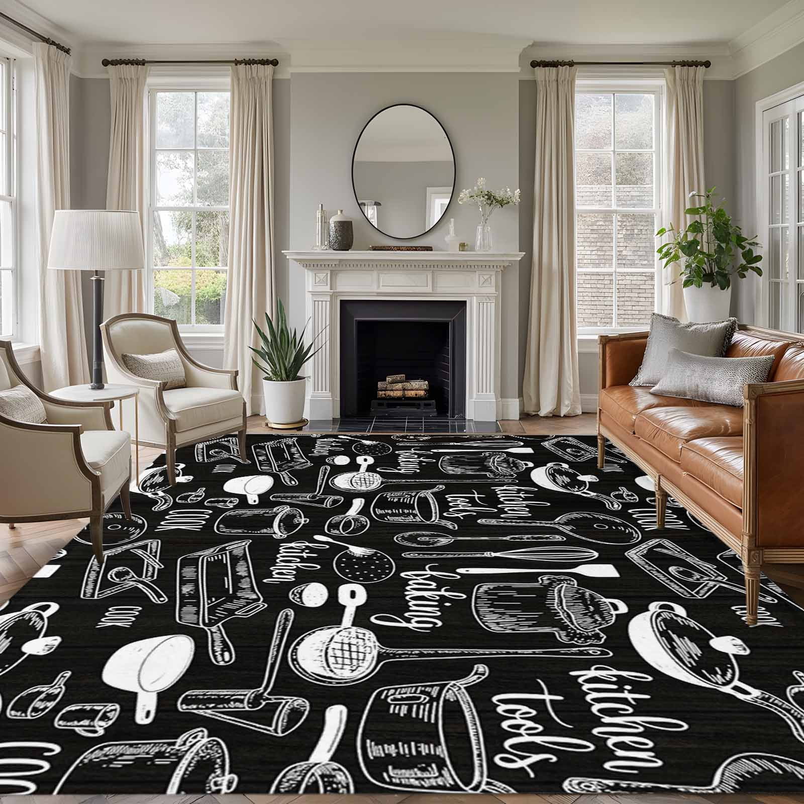 Black Kitchenware Area Rug 8x10 Washable Rug Non Slip Modern Funny Cook ...