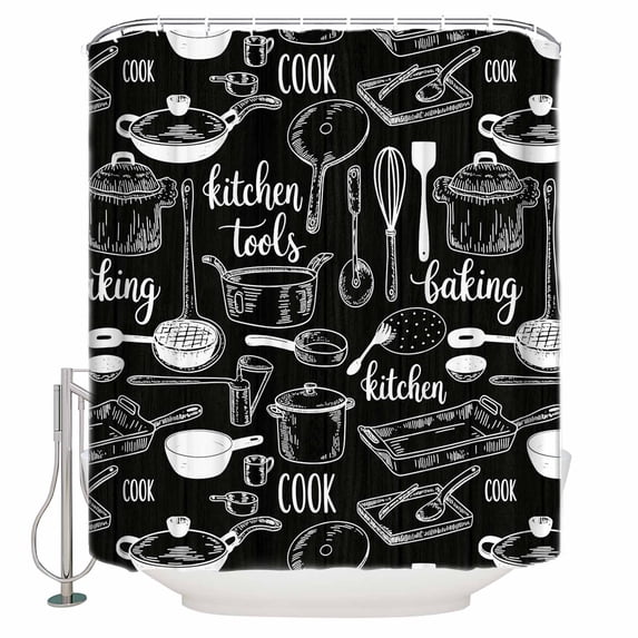 Black Kitchenware Bathroom Shower Curtains with 12 Hooks Polyester ...