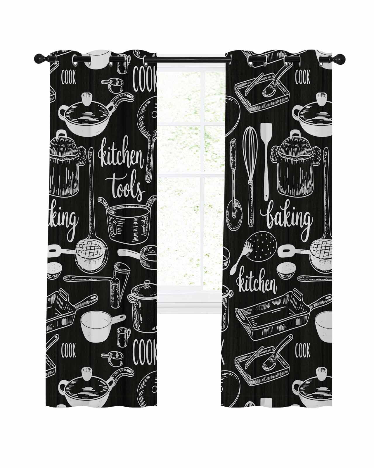 Black Kitchenware Blackout Curtains, Light Blocking Print Window ...