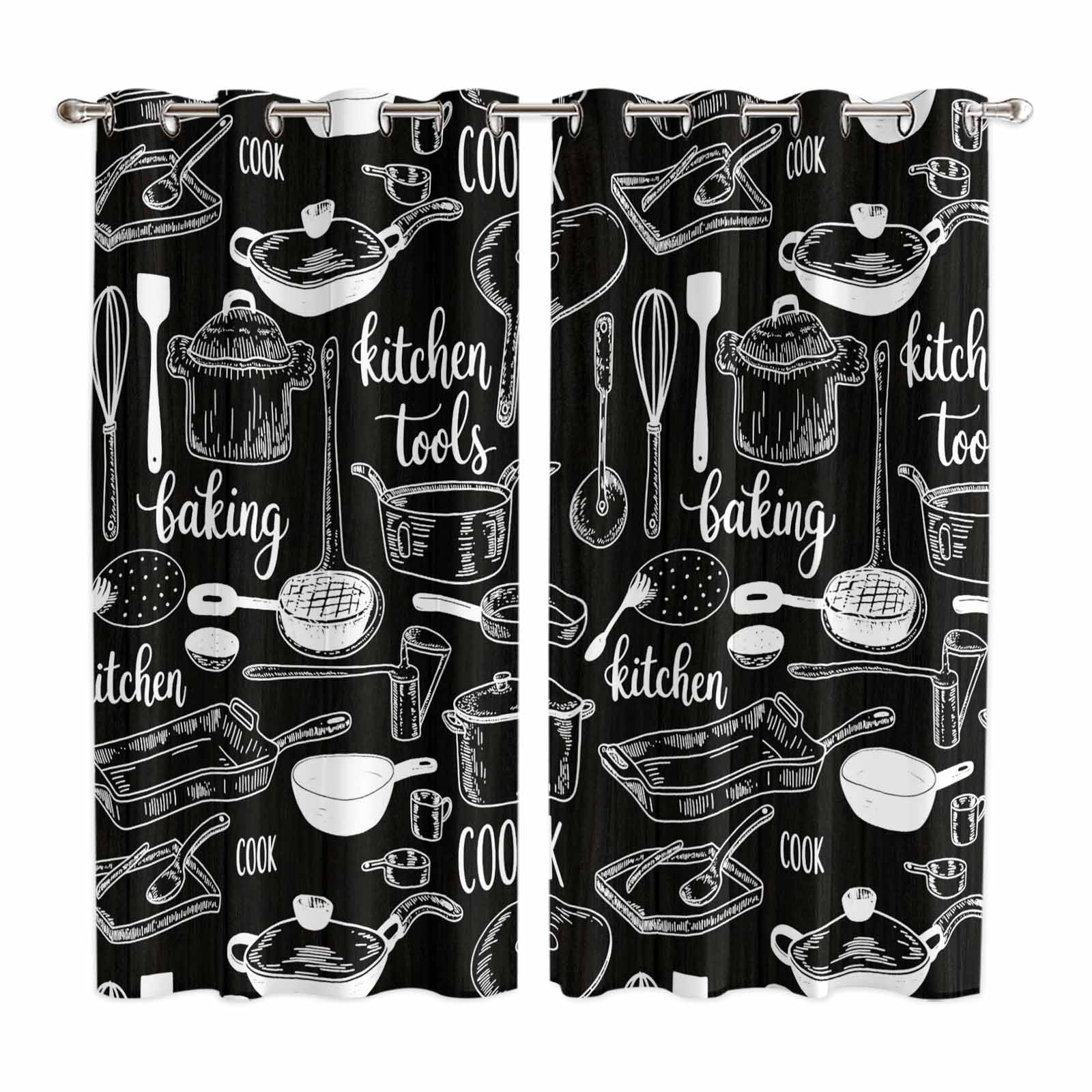 Black Kitchenware Kitchen Curtains Window Panels, Modern Funny Cook ...