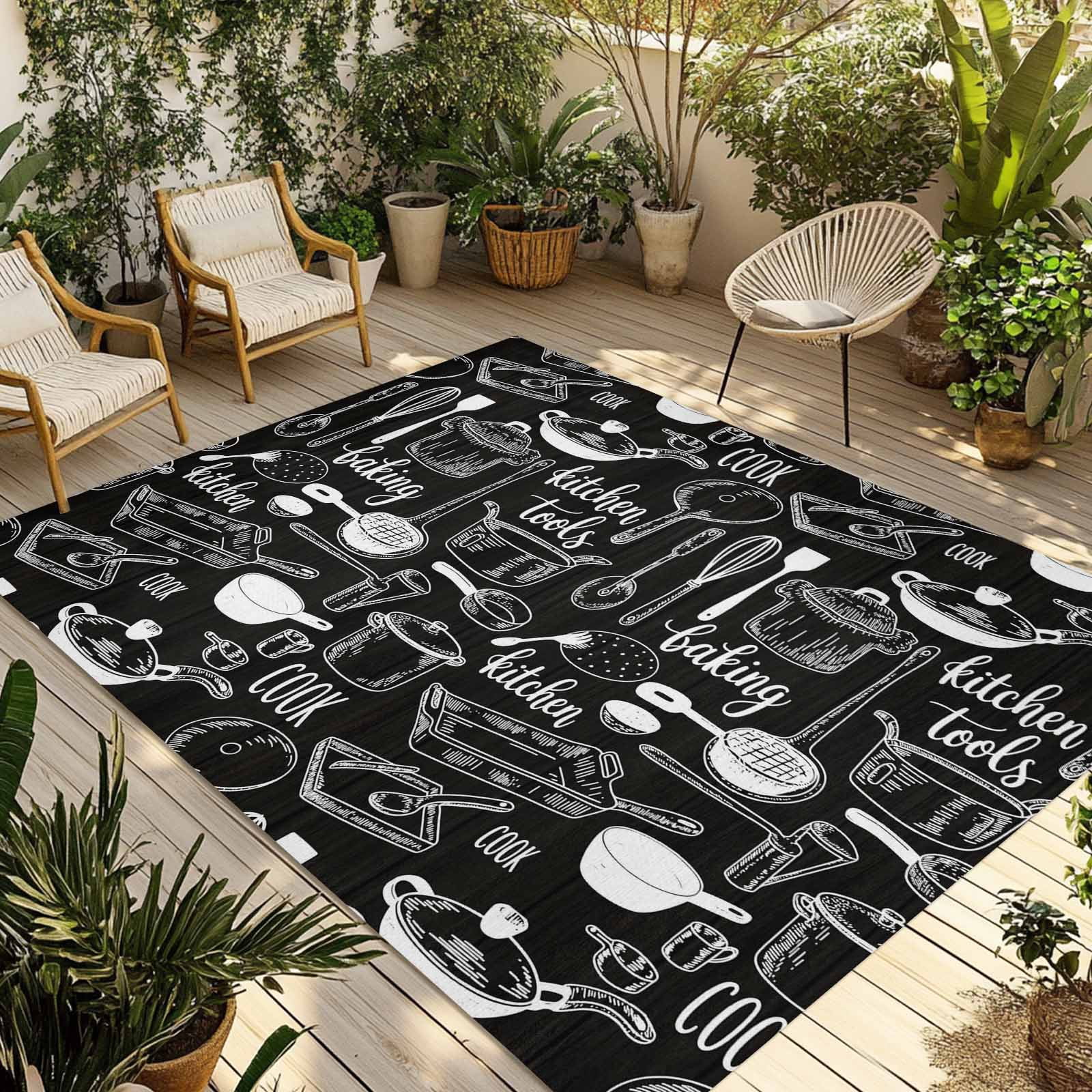 Black Kitchenware Outdoor Rug 3x5 Ft - Reversible Patio Rug Outdoor ...