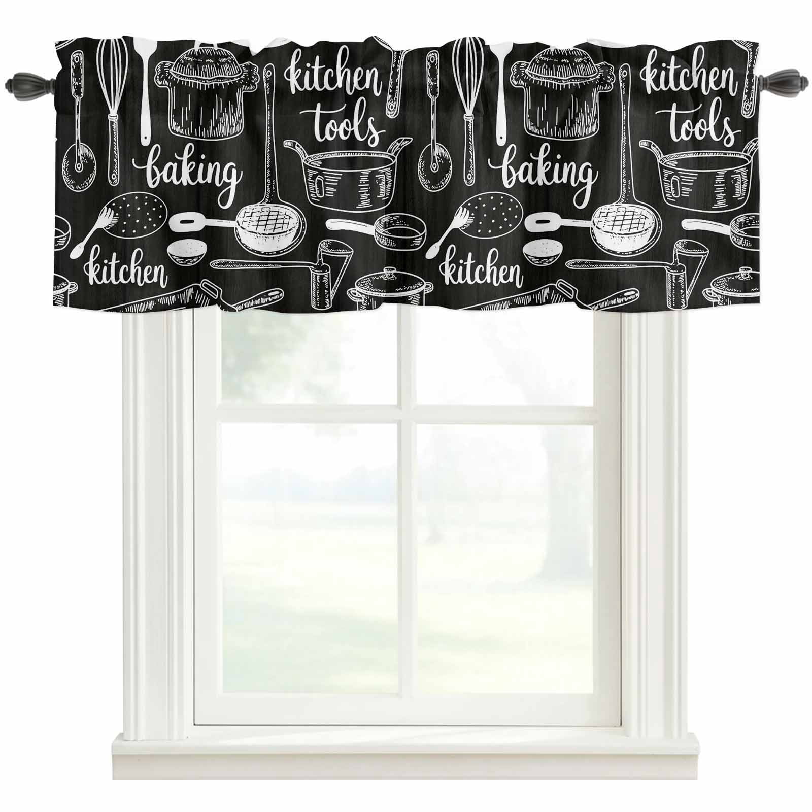 Black Kitchenware Rod Pocket Curtain Valance, Modern Funny Cook Tools ...