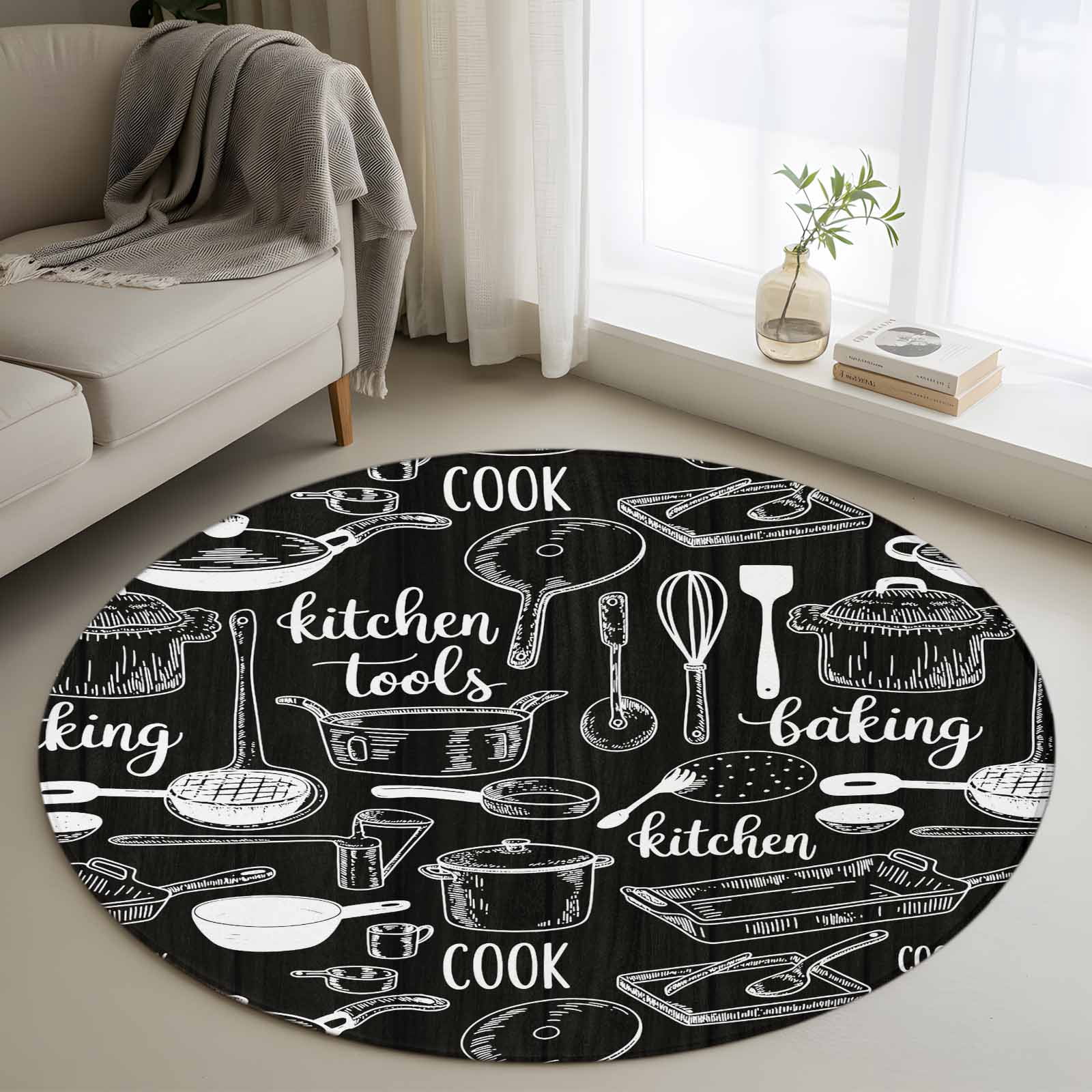 Black Kitchenware Round Rug 3ft Washable Circle Entryway Rugs Non Slip ...